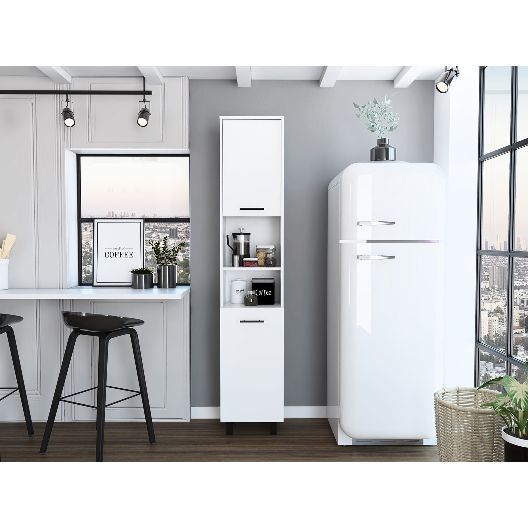 White Pantry Cabinet, 78" High, Four Legs, Three Interior Shelves, Two ...