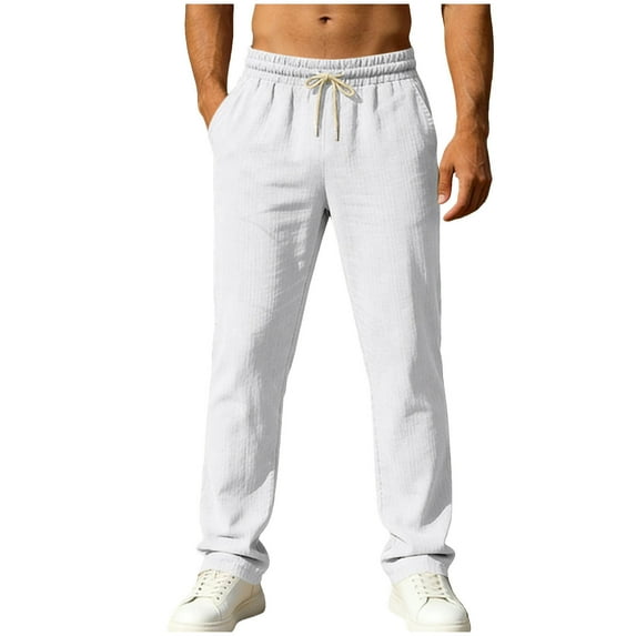 White Pants for Mens Summer Fall Brunch Pleated Paperbag Straight Leg ...