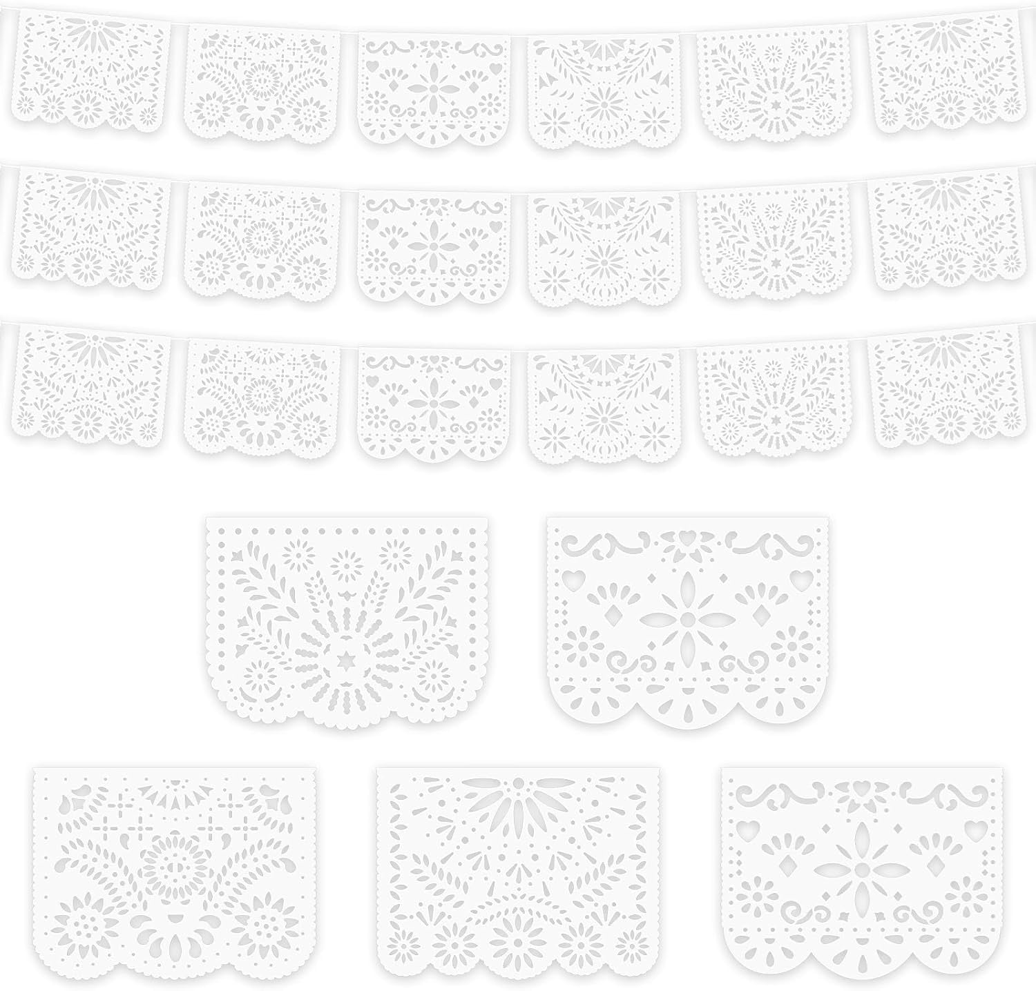 White Papel Picado Banner, 20 Ft Cinco De Mayo Decoration Plastic White ...