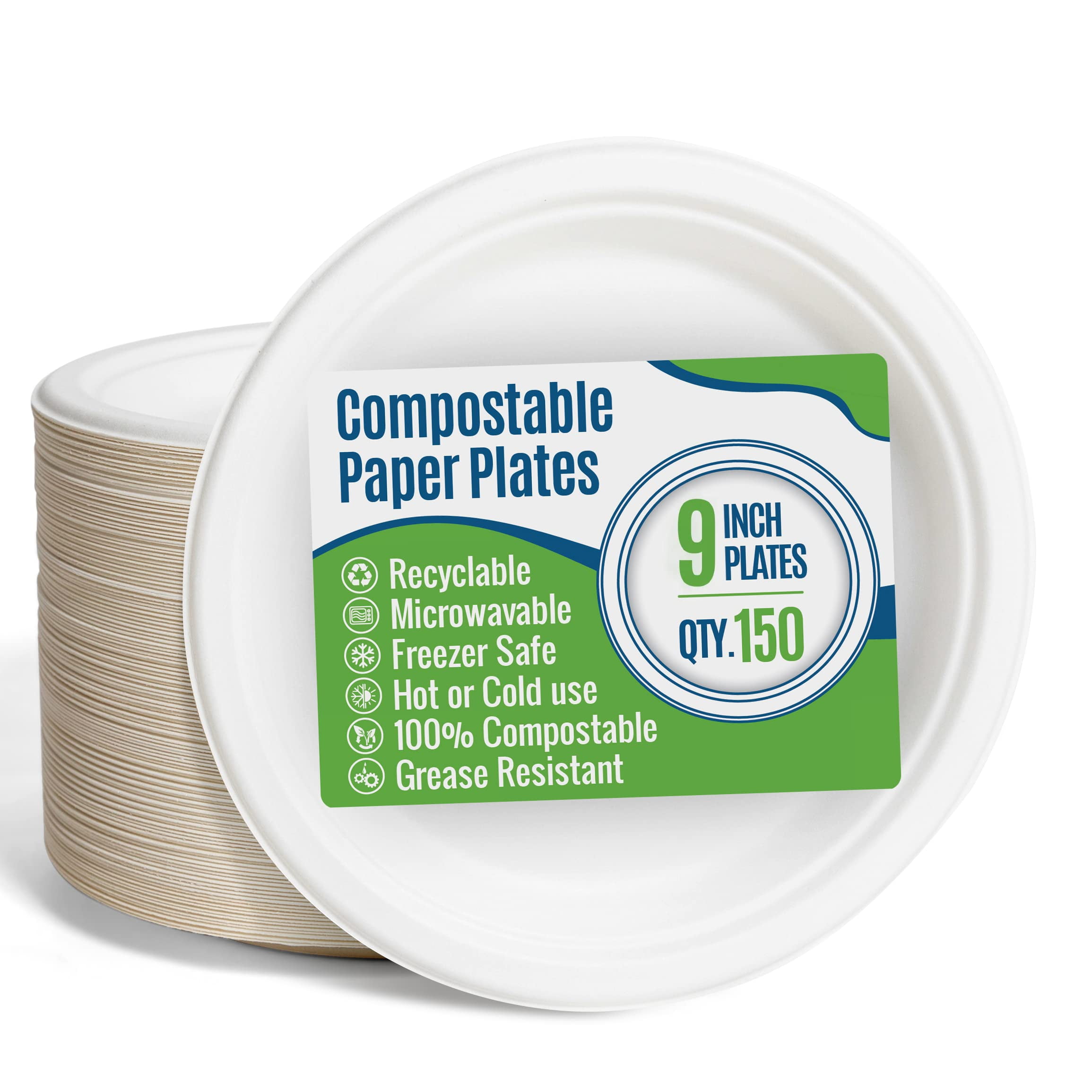 White Paper Plates, 9 Inch, 150 AFN1Count - Food Grade Sugar Cane Fiber ...