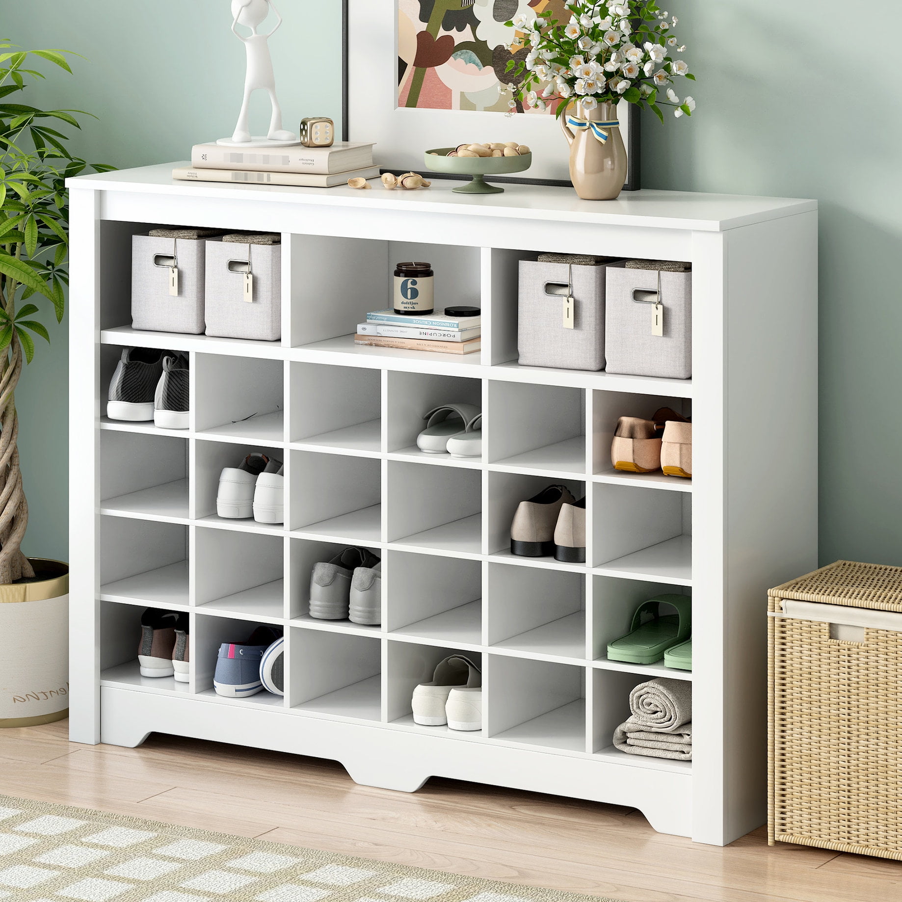White Particle Board Shoe Cabinet 24 Cubbies Sleek Design Ideal for ...