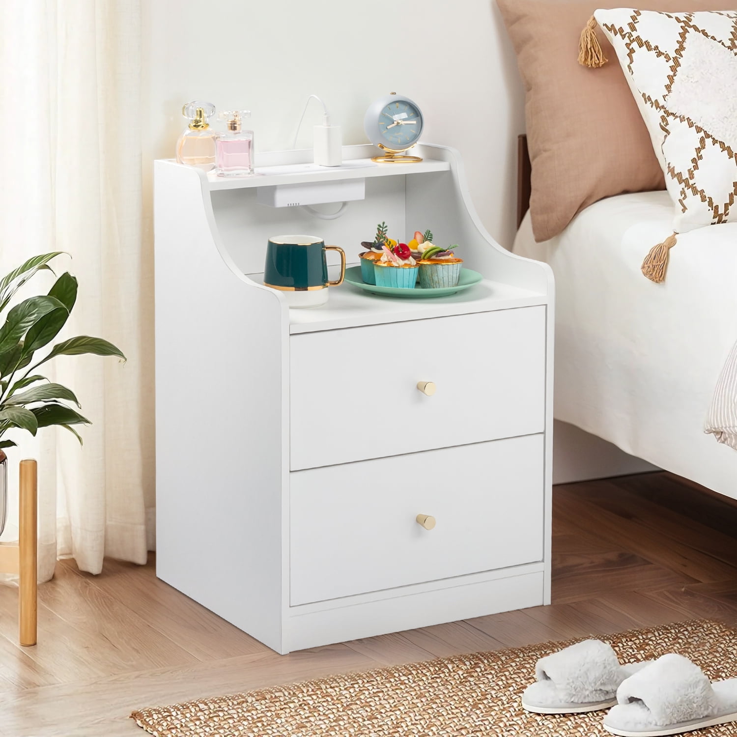 White Particleboard Bedside Table with 2 Drawers and Compartments ...