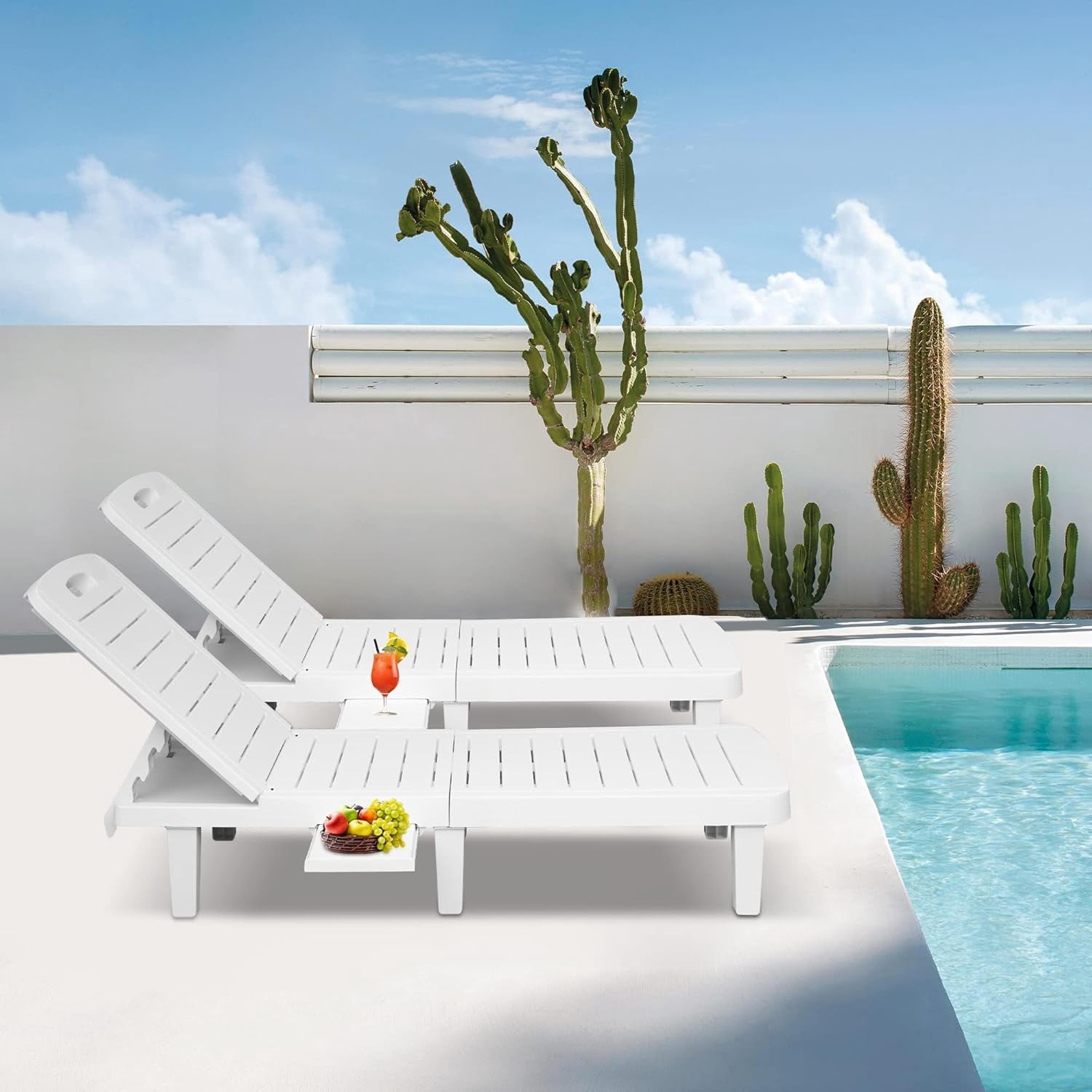 White Patio Lounge Chairs Set of 2, Outdoor Chaise Lounge with Tray ...