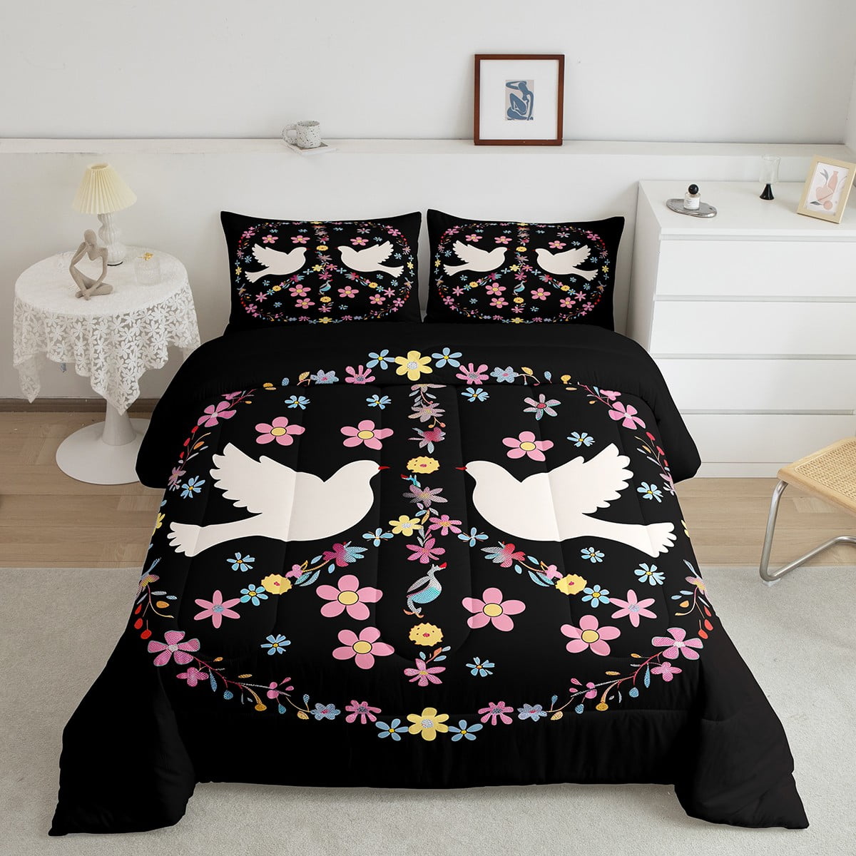 White Peace Dove Comforter Set Toddler,Peace Symbol Floral Bedding Set ...