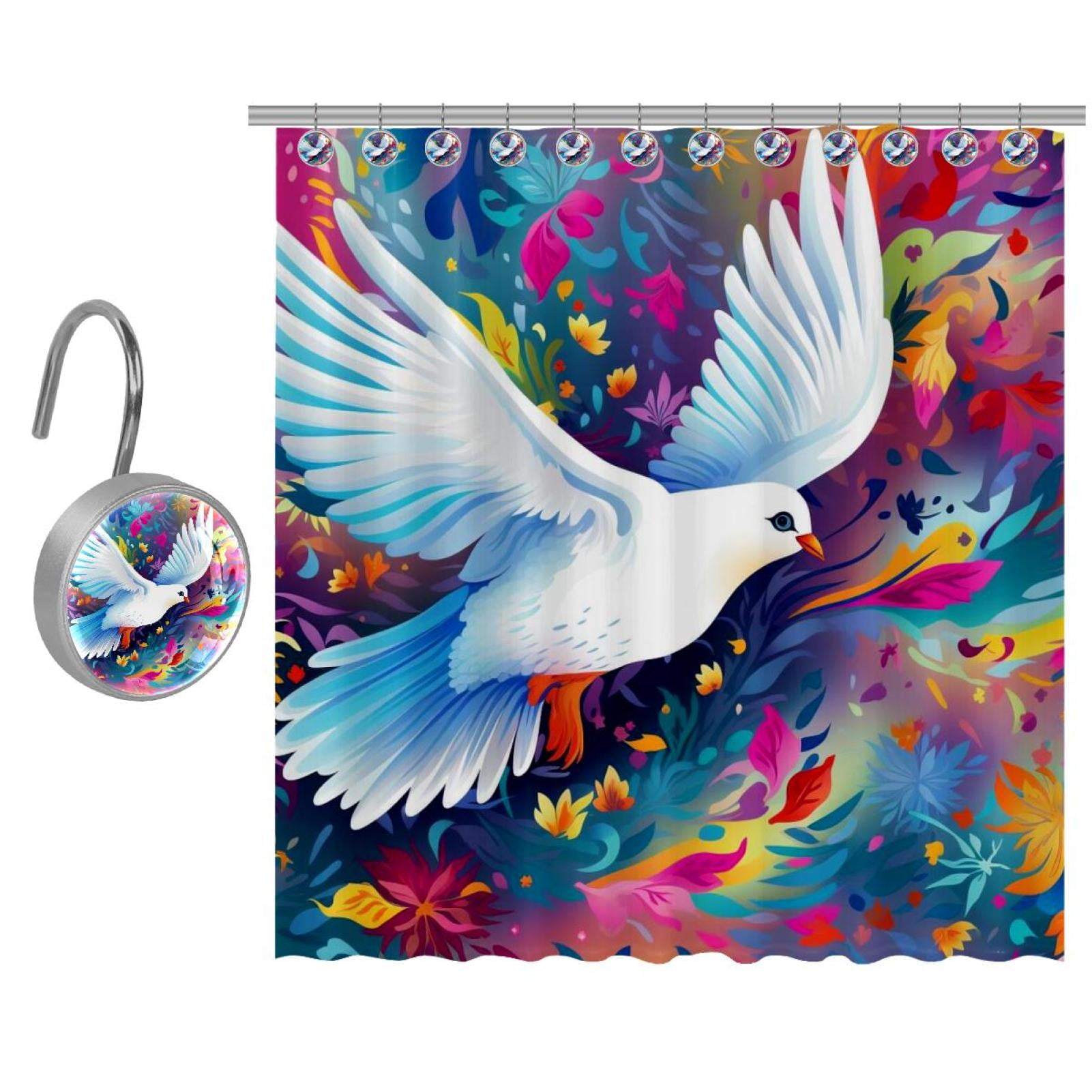 White Peace Dove Prints Shower Curtain, Polyester Shower Curtain Set with 10 Stainless Steel ...