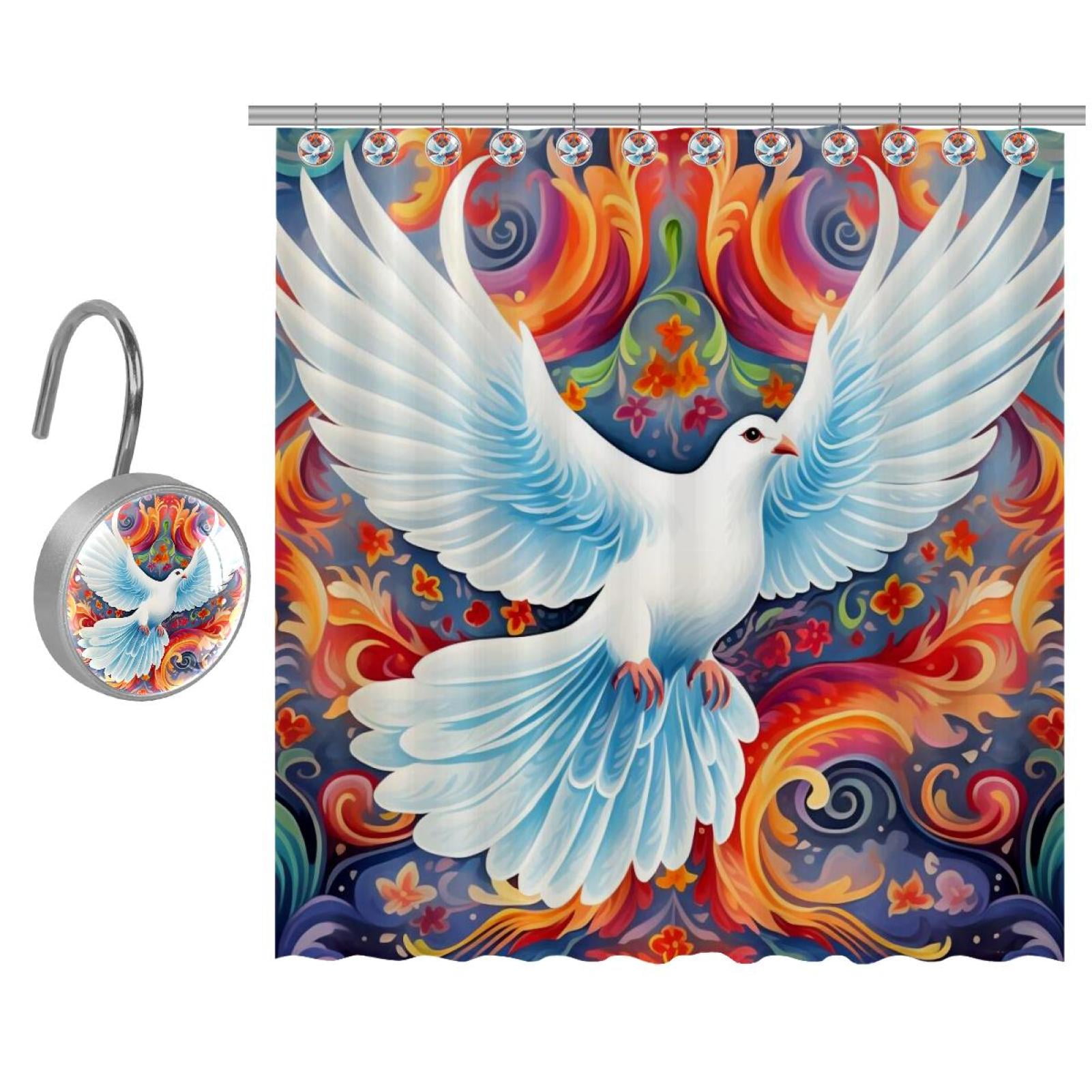 White Peace Dove Prints Shower Curtain, Polyester Shower Curtain Set with 10 Stainless Steel ...