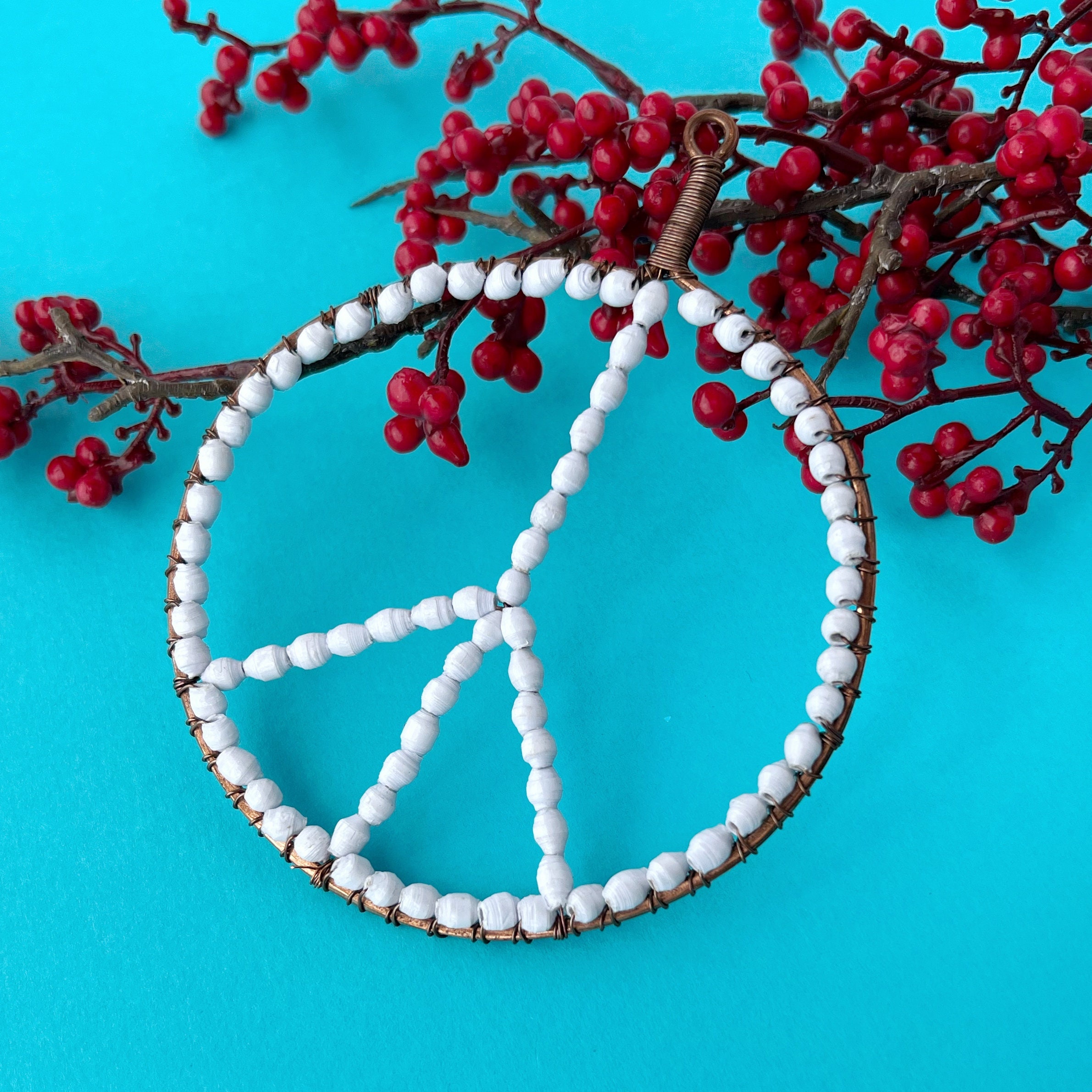 White Peace Sign Christmas Ornament - Paper Beads, Fair Trade from ...