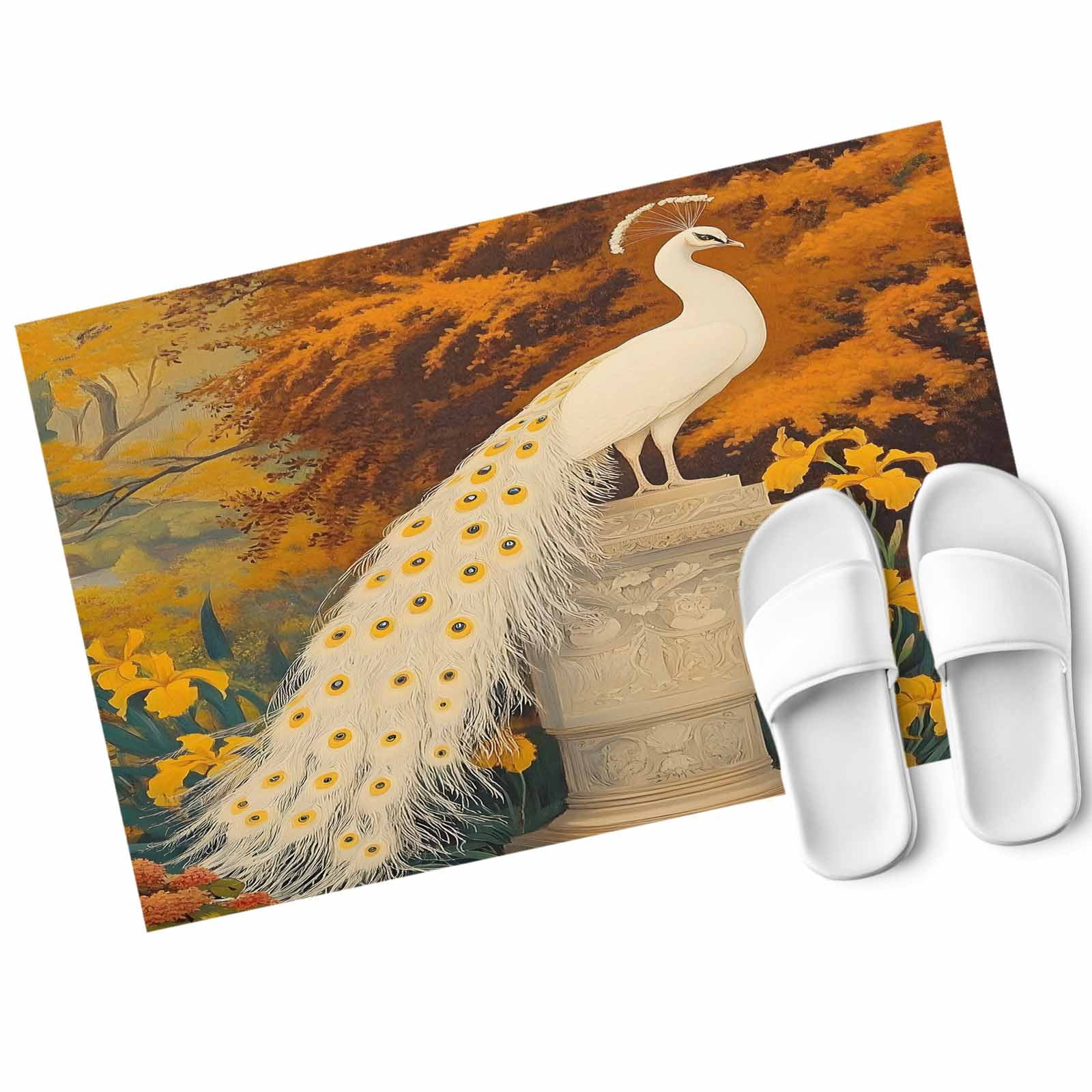 White Peacock Yellow Flowers Door Mat Forest Leaves White Peacock Non ...