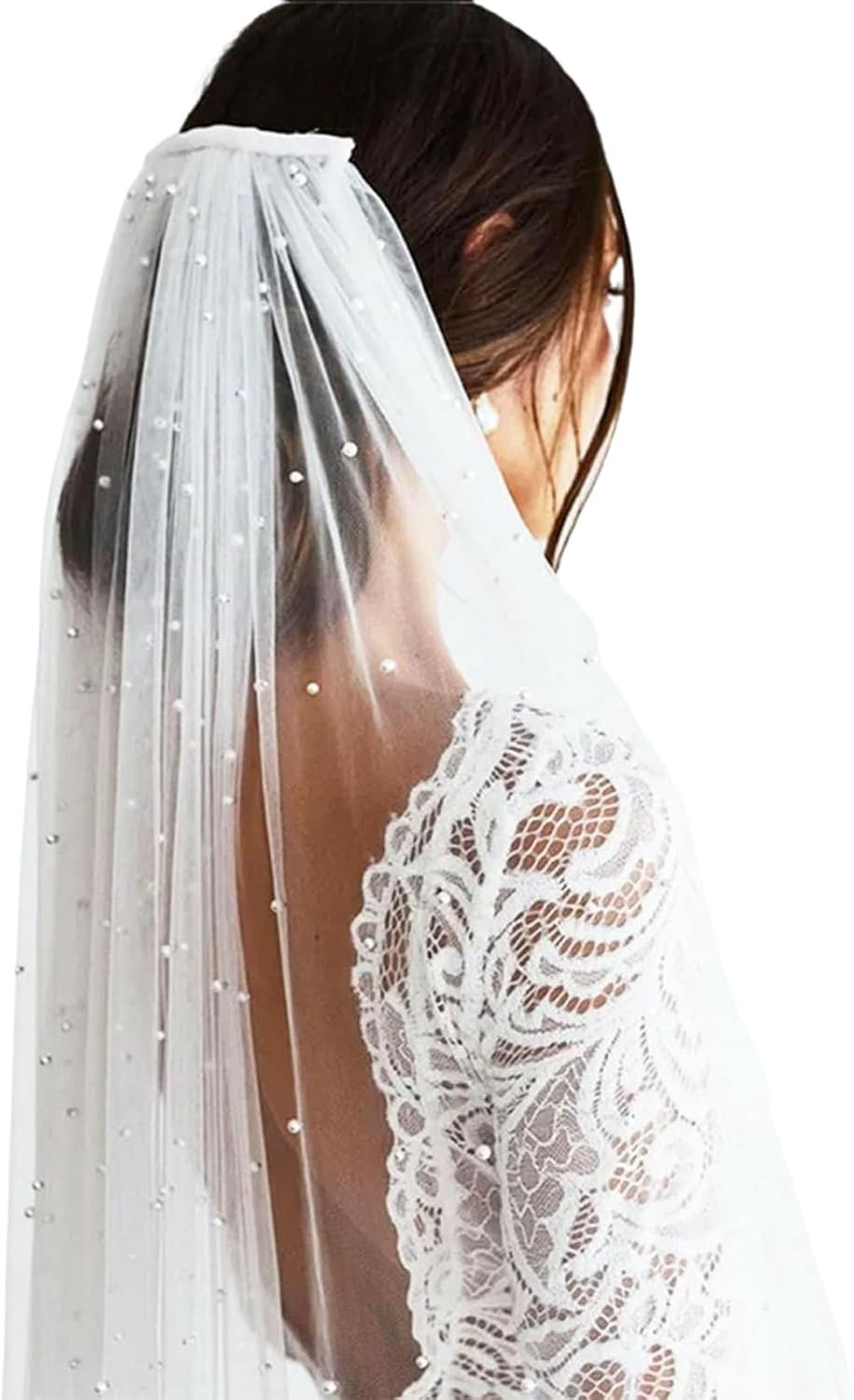 White Pearl Bride Veil Long Bridal Pearl Veils with Hair Comb Wedding ...