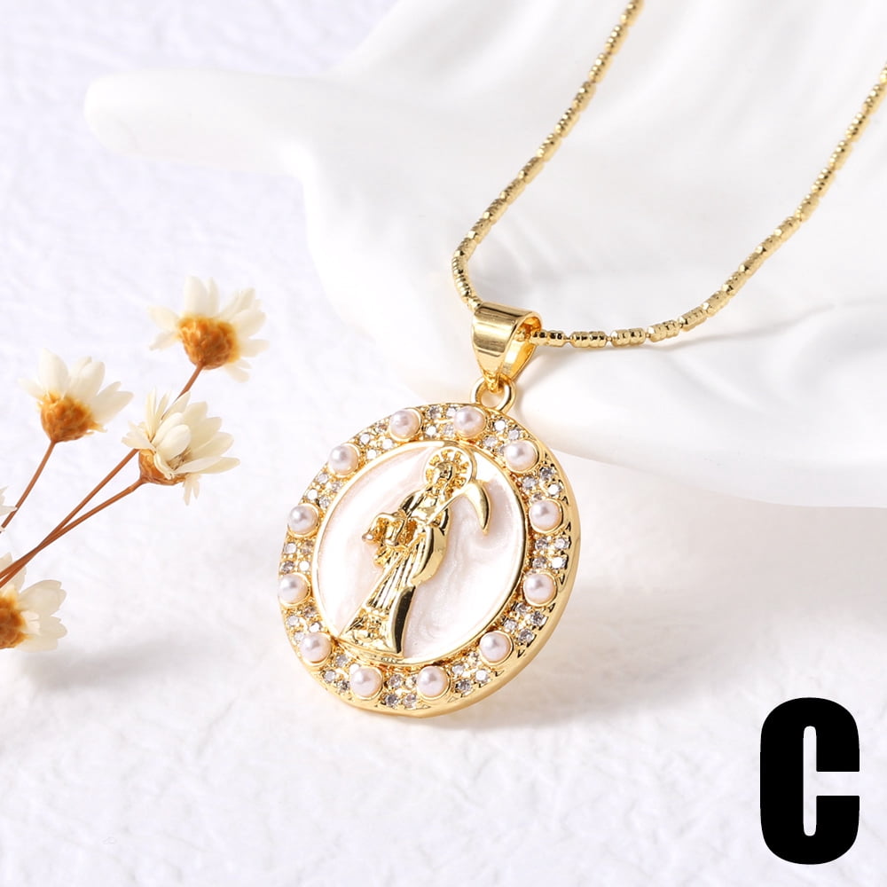 White Pearl Holy Death Necklaces for Women Gold Plated Round Virgin ...