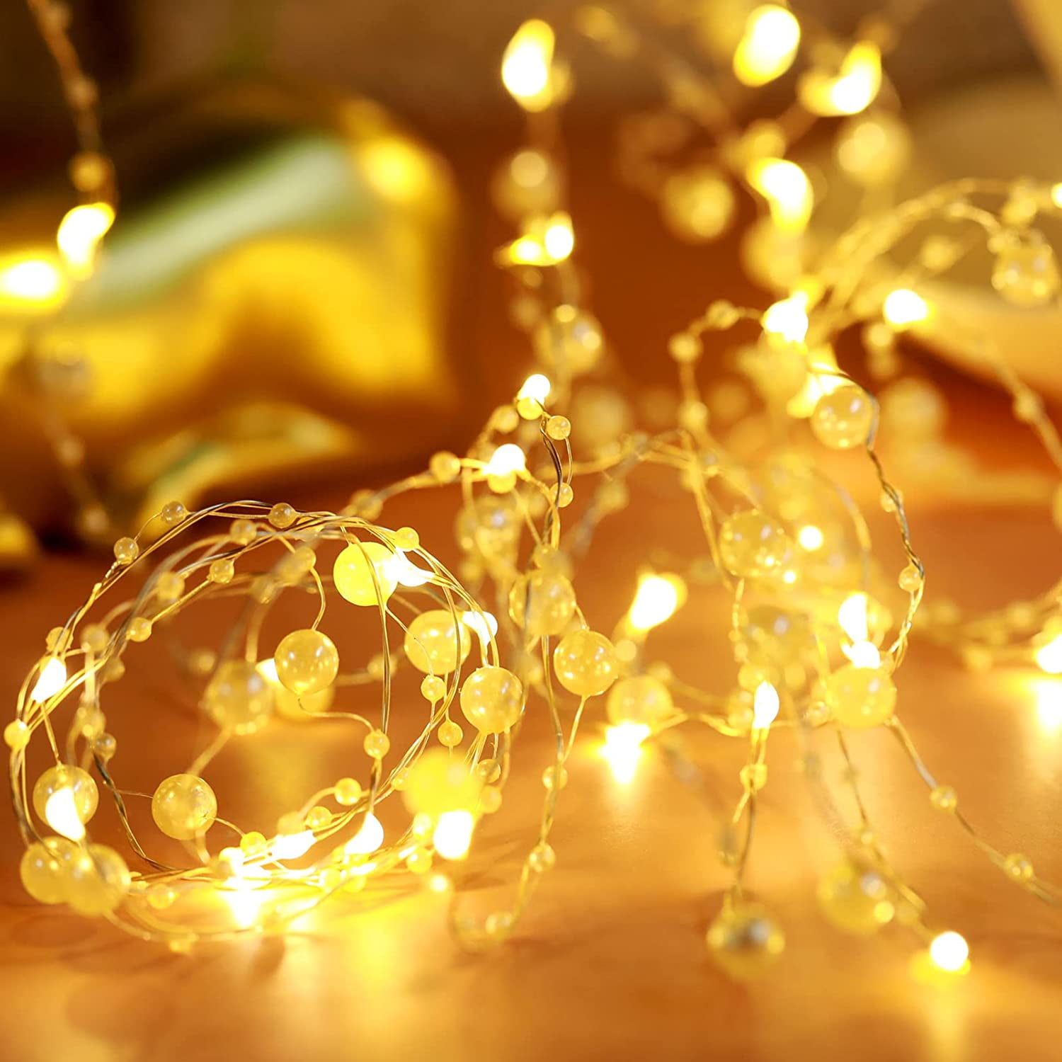 White Pearl Lighted Berry Beaded Garland 50 LED Battery Operated Fairy ...