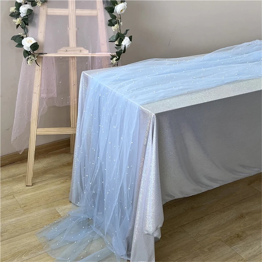 White Pearl Table Runner Tulle Fabric Beaded Mesh Sheer Tablecloths for ...