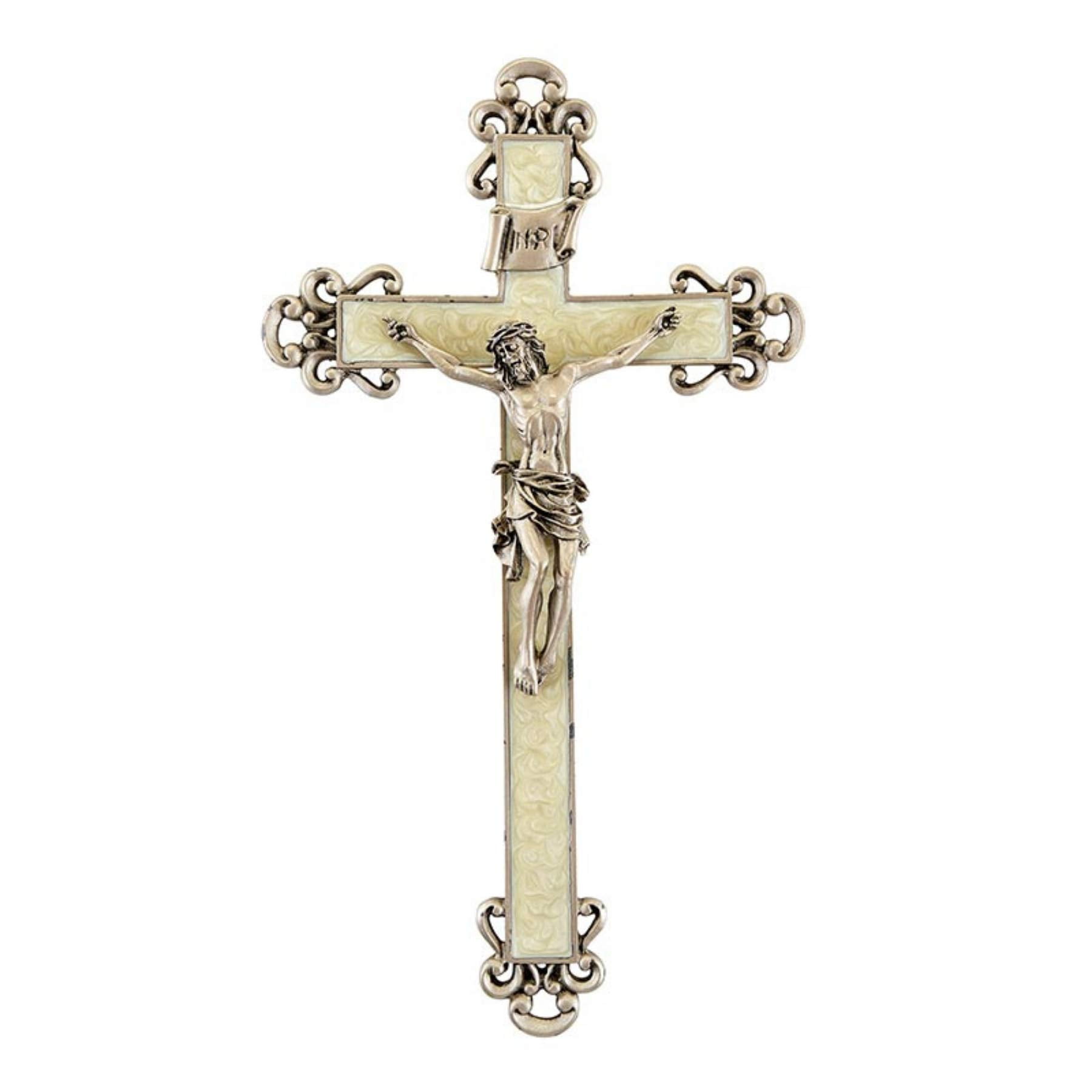 White Pearlized Epoxy Floral Cross Crucifix with Pewter Christ Corpus ...