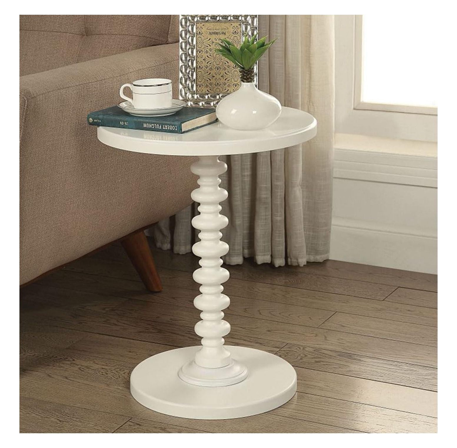 White Pedestal Table Round Wood Side Table Turned Spindle End Table ...