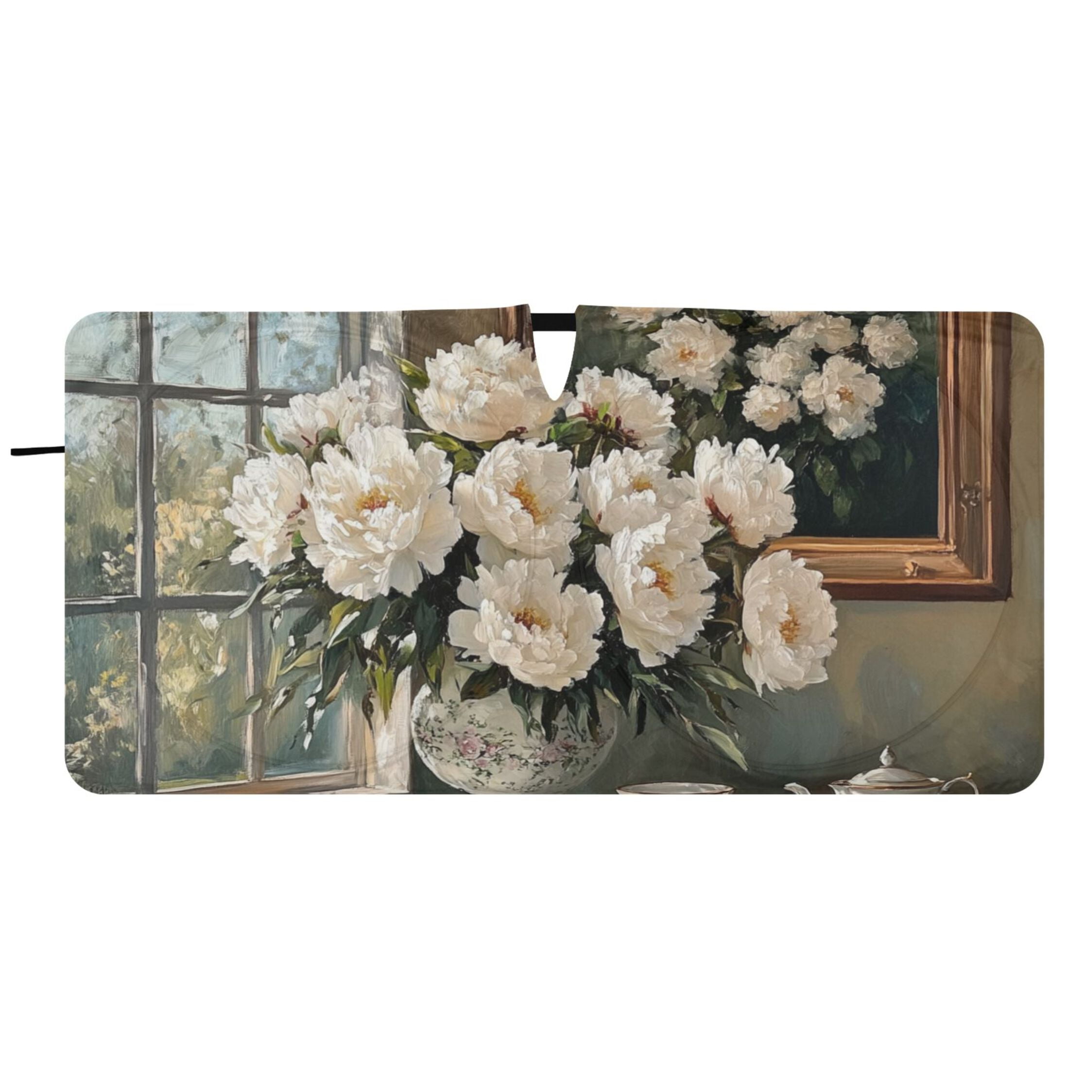 White Peonies Car Windshield Sun Shade Foldable Front Window Shades ...