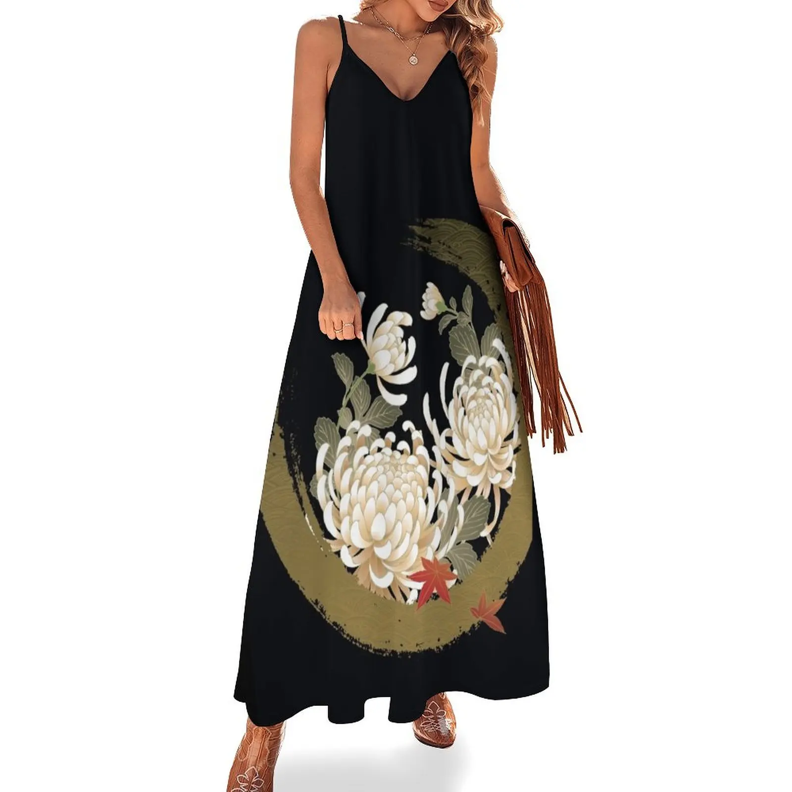 White Peonies Red Maple Leaves Japanese Kimono Pattern Sleeveless Dress ...