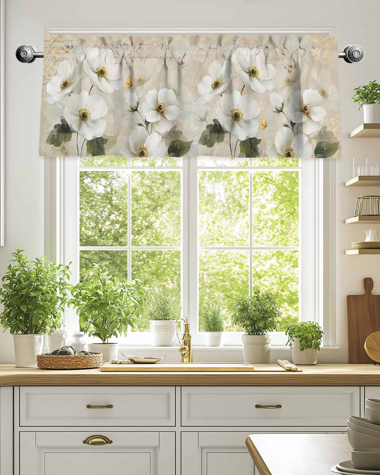 White Peony Blossom Floral Valances for Windows,Kitchen Valance Rod ...