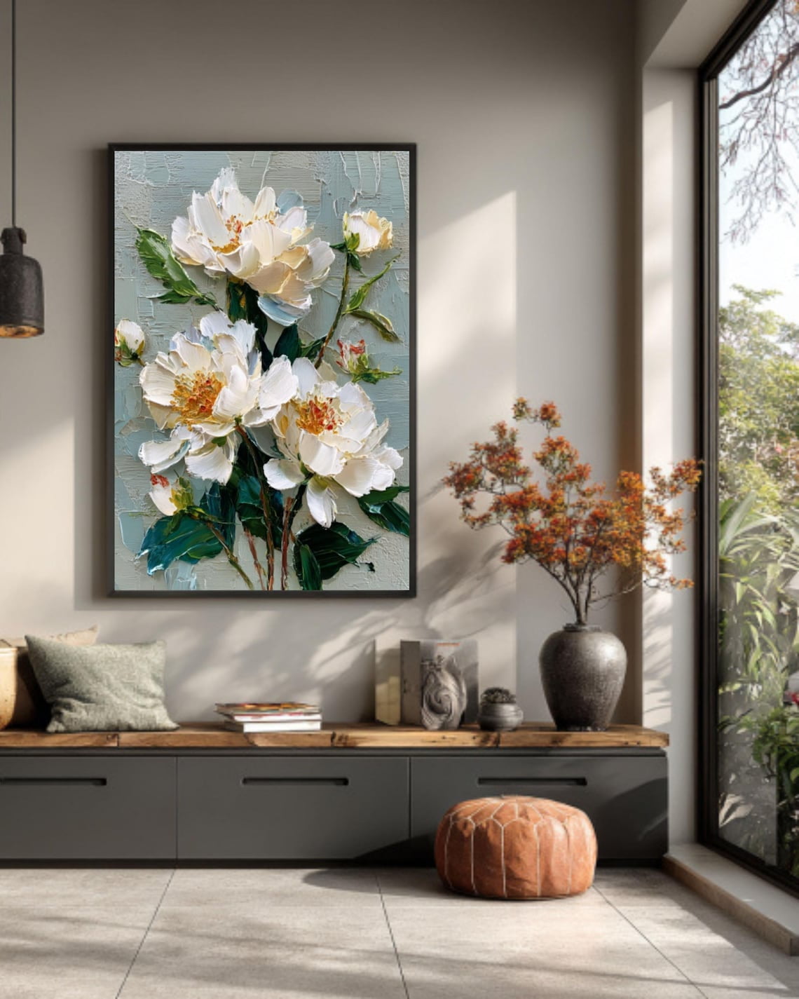 White Peony Oil Painting: Abstract Floral Palette Knife Art, Unframed ...