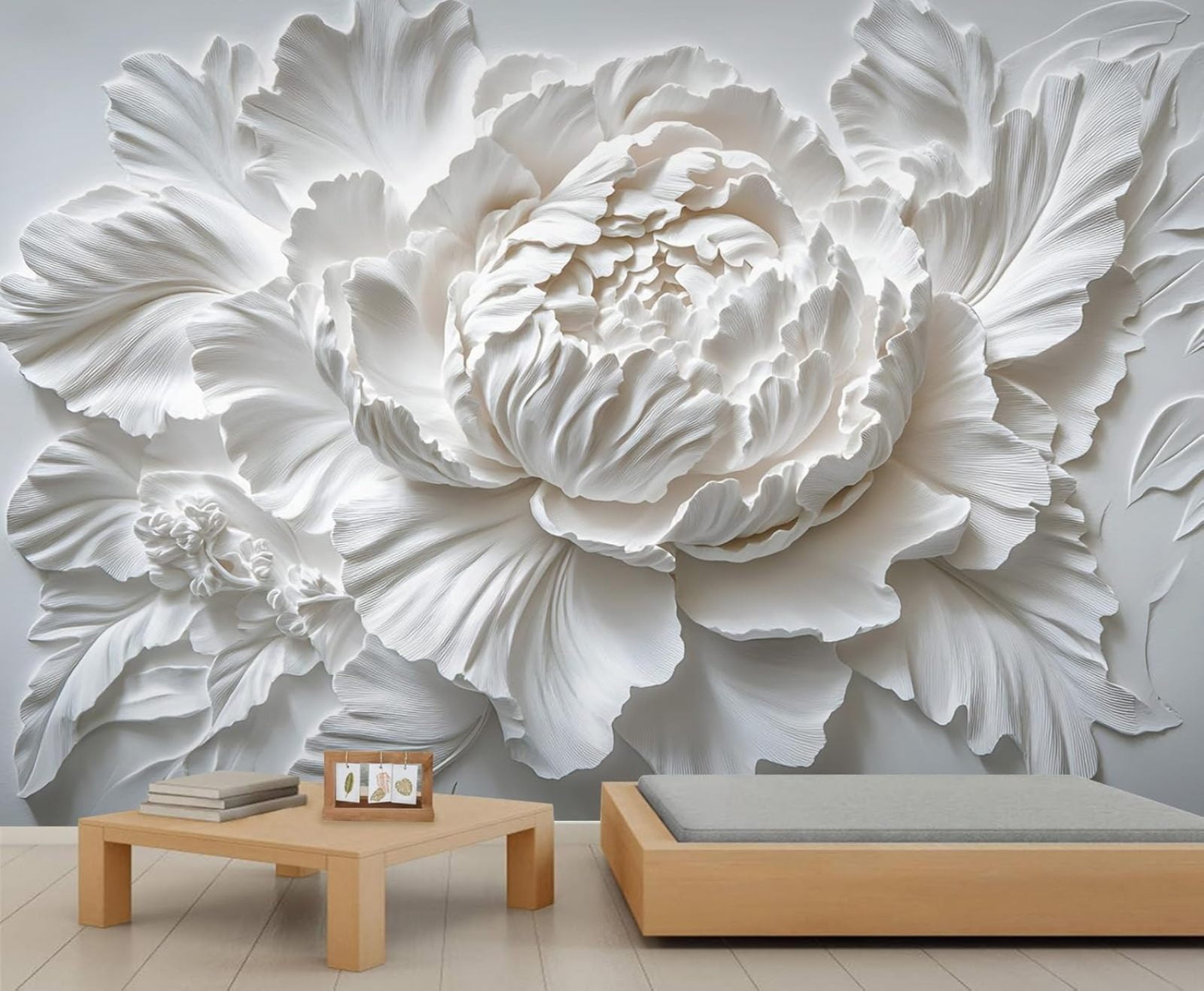 White Peony Relief Wall Mural, Blooming Flowers Wallpaper, Nordic ...