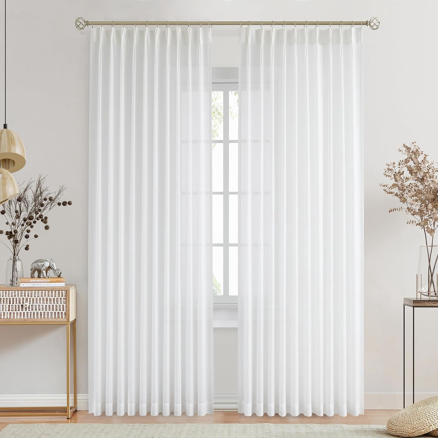 White Pinch Pleat Sheer Curtain Linen Textured Pleated Drape 84 Inches ...