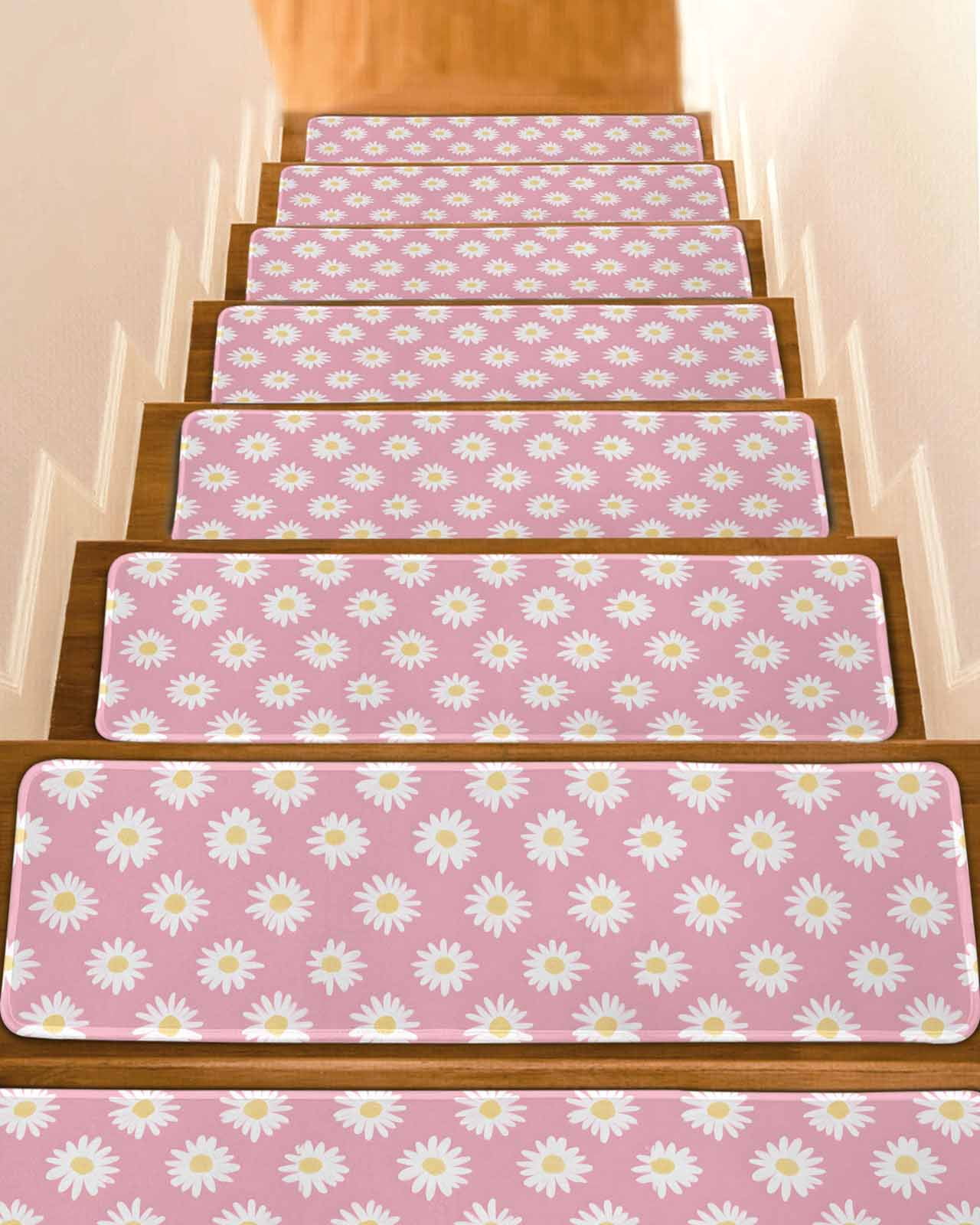 White Pink Daisy Stair Treads for Wooden Steps Indoor Runner Rug Carpet ...