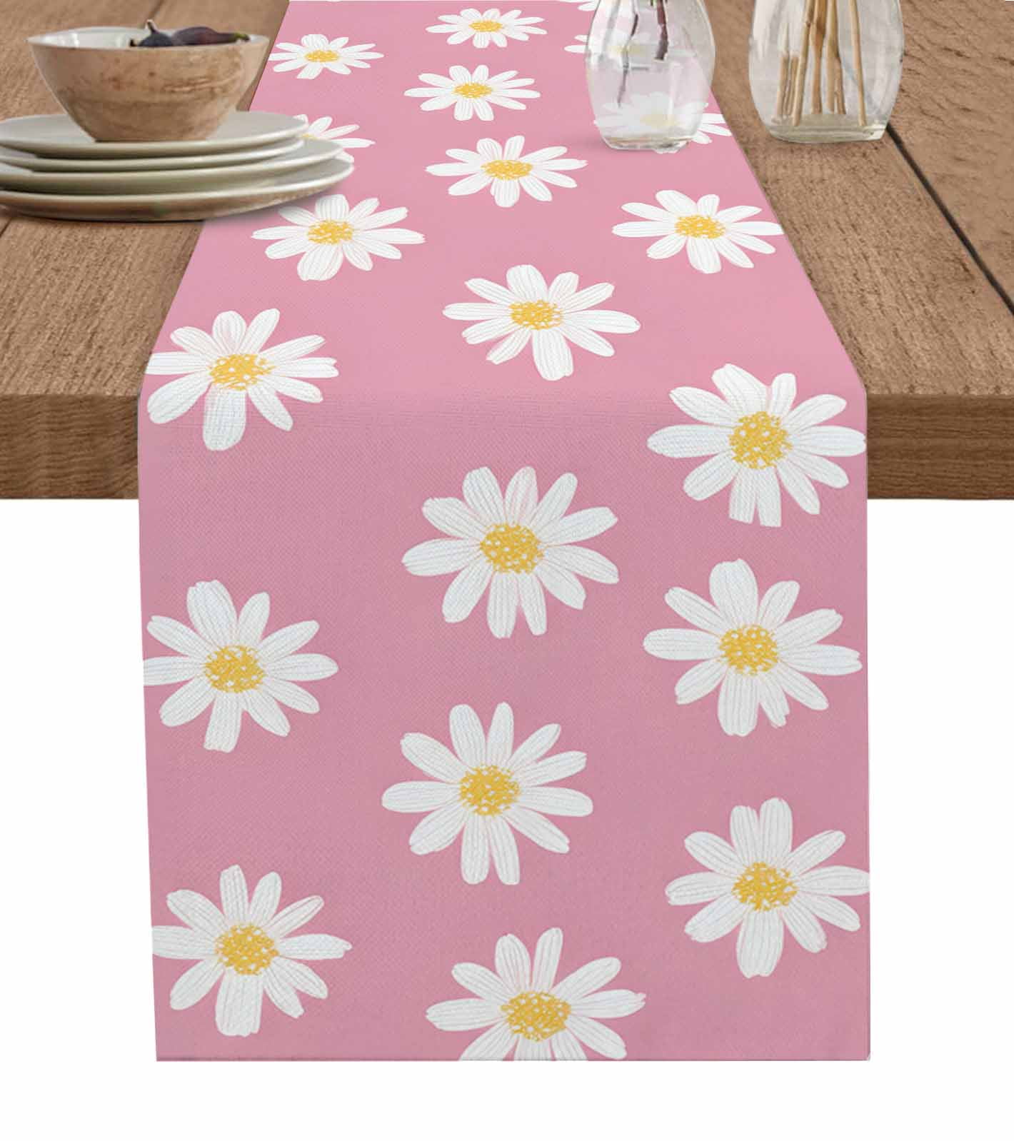 White Pink Daisy Table Runner 72 Inches, Spring Summer Floral Farmhouse ...