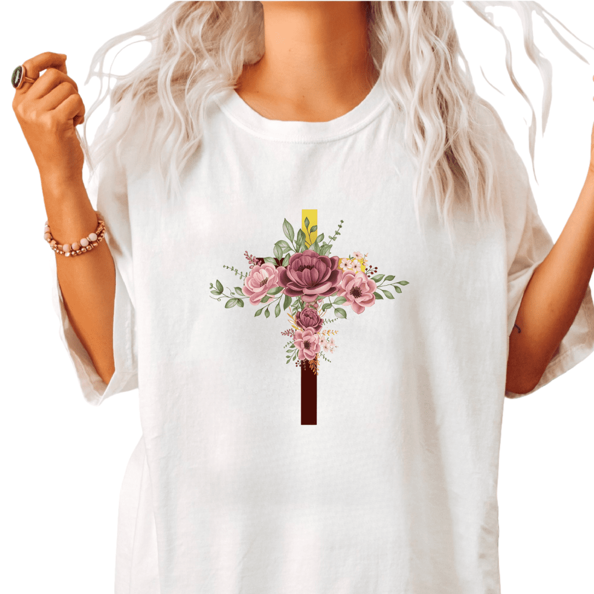 White Pink Floral Cross T-Shirt Christian Devotion Religious Faith ...