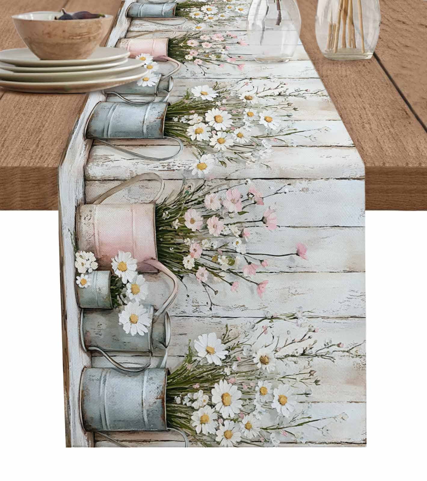 White Pink Floral Table Runner 90 Inches, Garden Floral Wildflower Wood ...