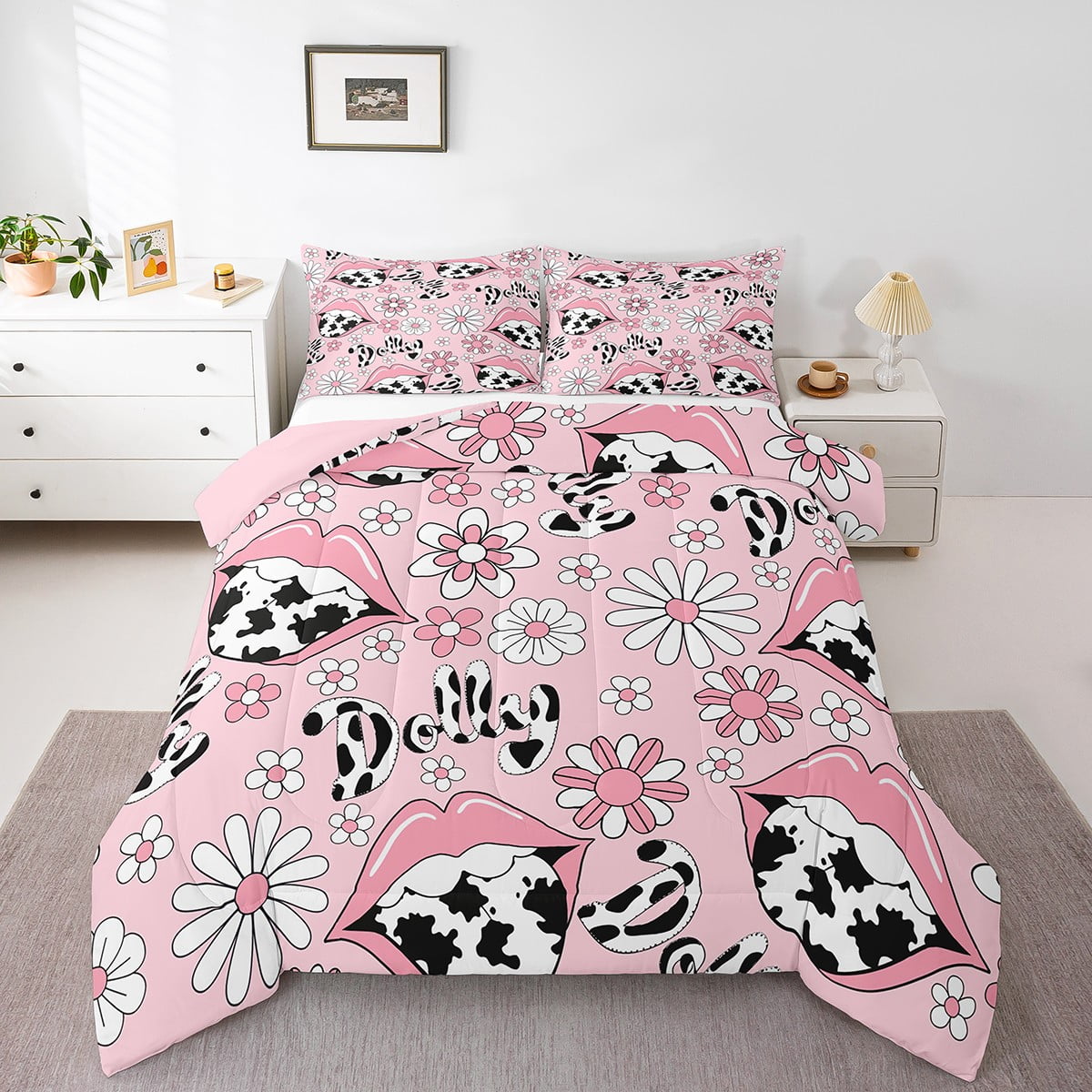 White Pink Groovy Flower Toddler Bedding Set,Milk Cow Print Western ...
