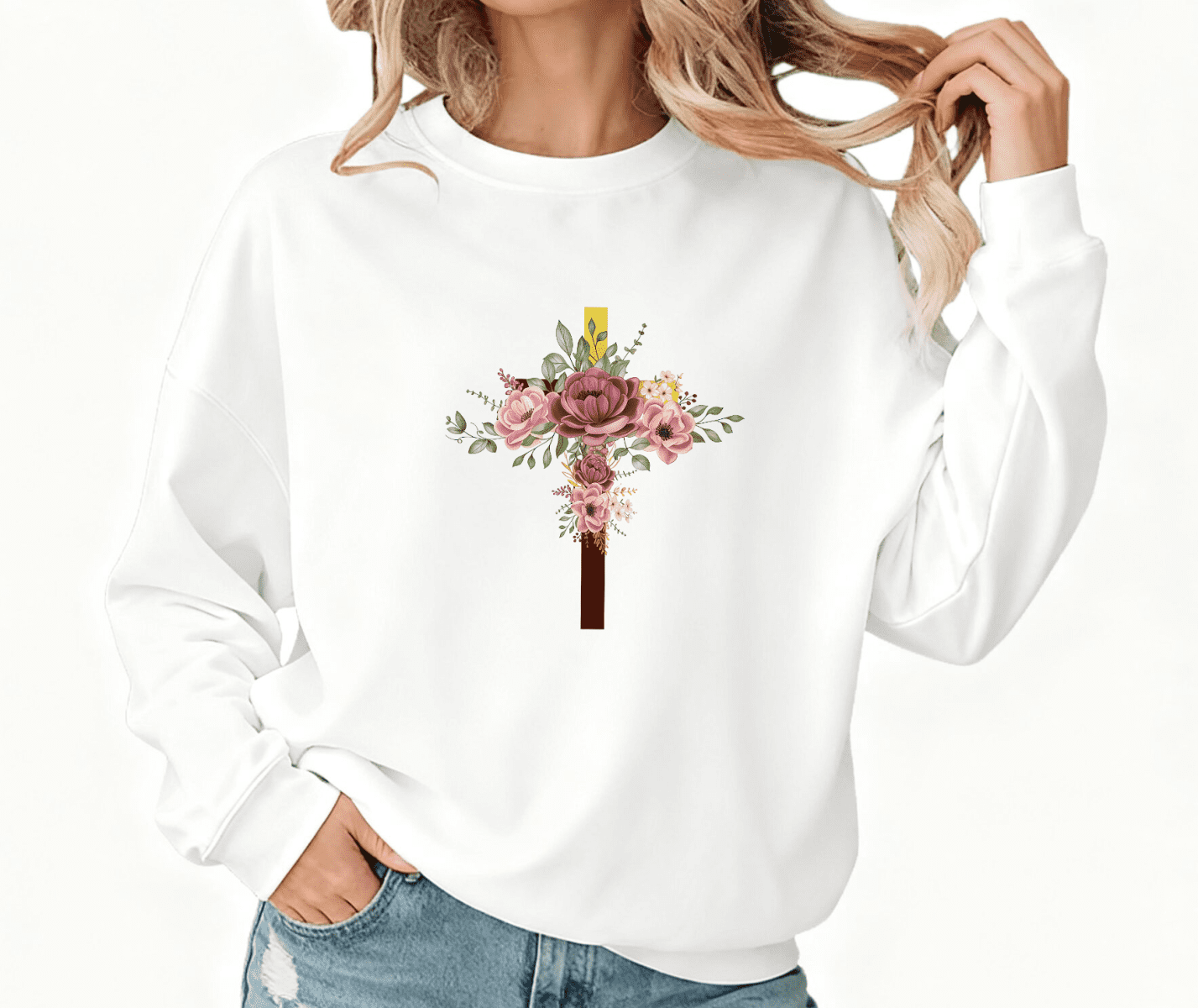 White Pink Peony Floral Cross Crewneck Christian Faith Religious Belief ...