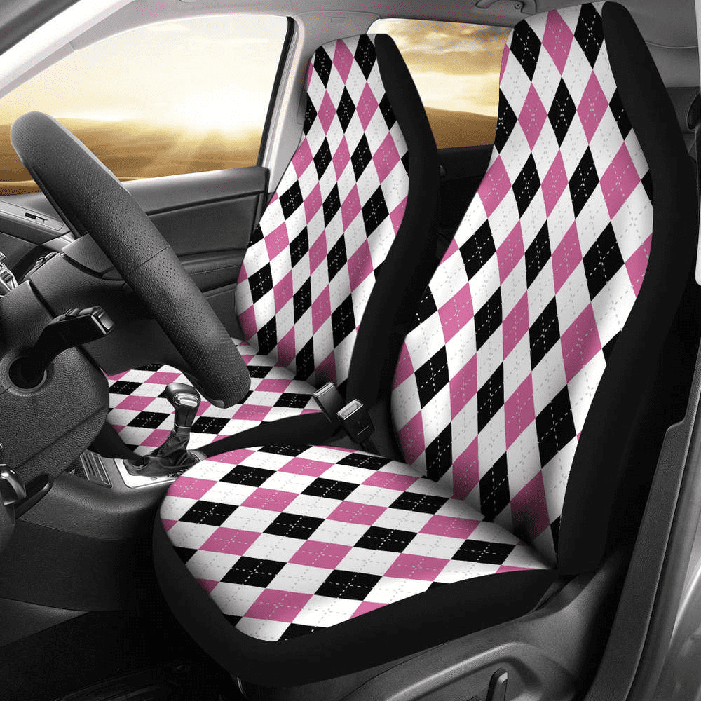 White Pink and Black Argyle Pattern Car Seat Covers Preppy and Girly Pack of 2 Universal Front ...