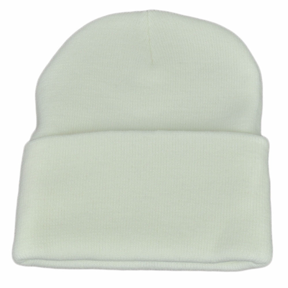 White Plain Blank Solid Cuffed Knit Beanie Toque Hat Winter Thick ...