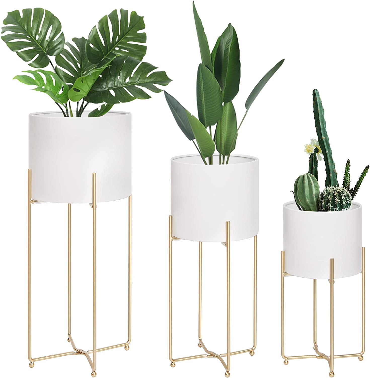 White Planters with Gold Stands for Indoor Plants, Large Metal Flower Pots Set of 3, Tall Floor ...