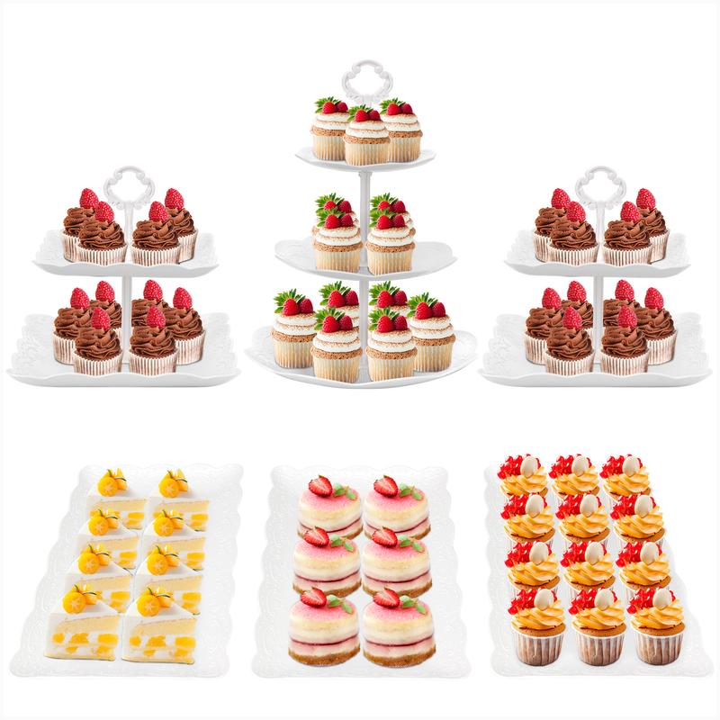 White Plastic 6Pcs Cupcake Stand Set with 3Tier & 2Tier Design for ...