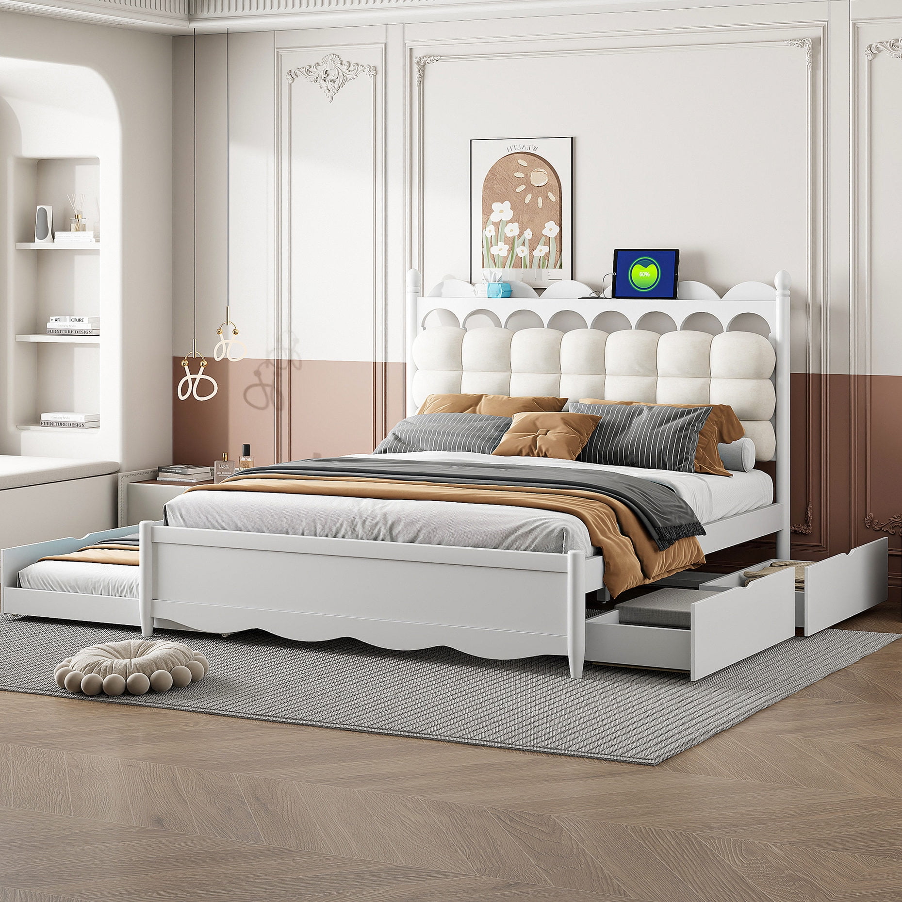 White Platform Bed, Queen, 2 Drawers, Trundle & USB - Walmart.com