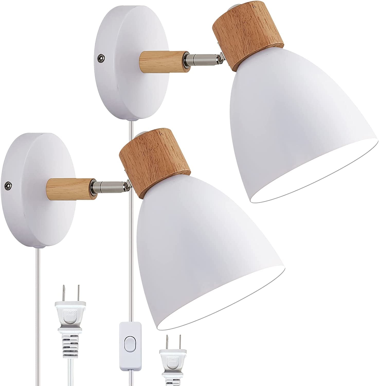White Plug in Wall Sconces Lighting Fixture Set of Two, Bedside Wall Mounted Reading Lamp with ...