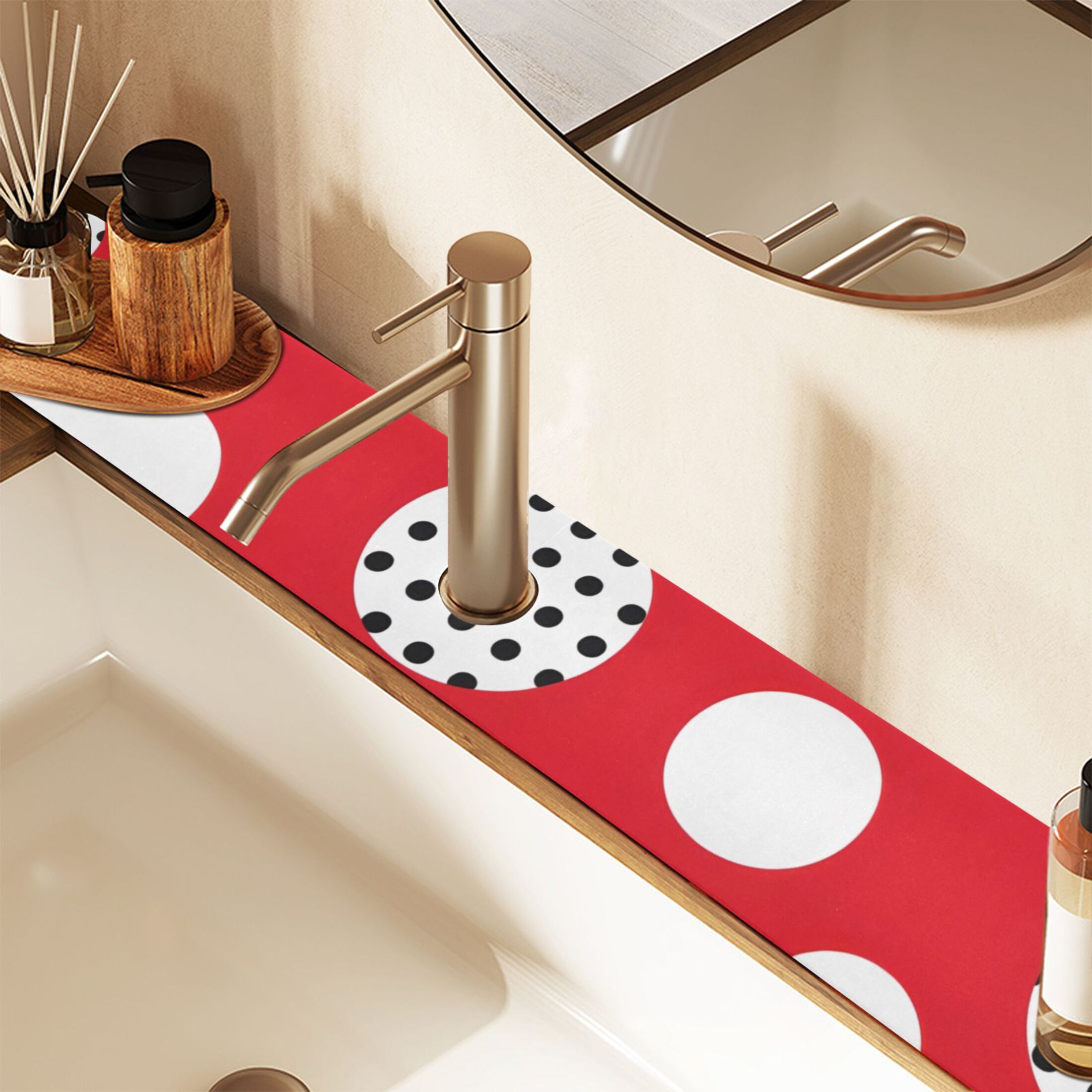 White Polka Dots on Red Sink Splash Guard Faucet Drying Mat 30"x5.4 ...