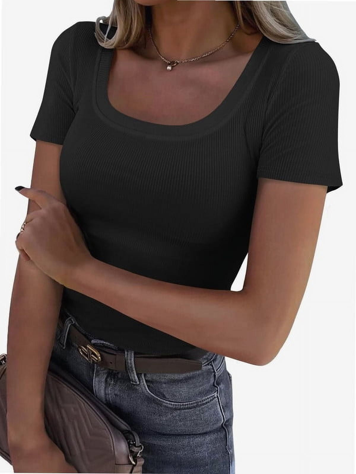 Women Short Sleeve Scoop Neck Tops Shirts Fitted Summer Tshirt Tee ...