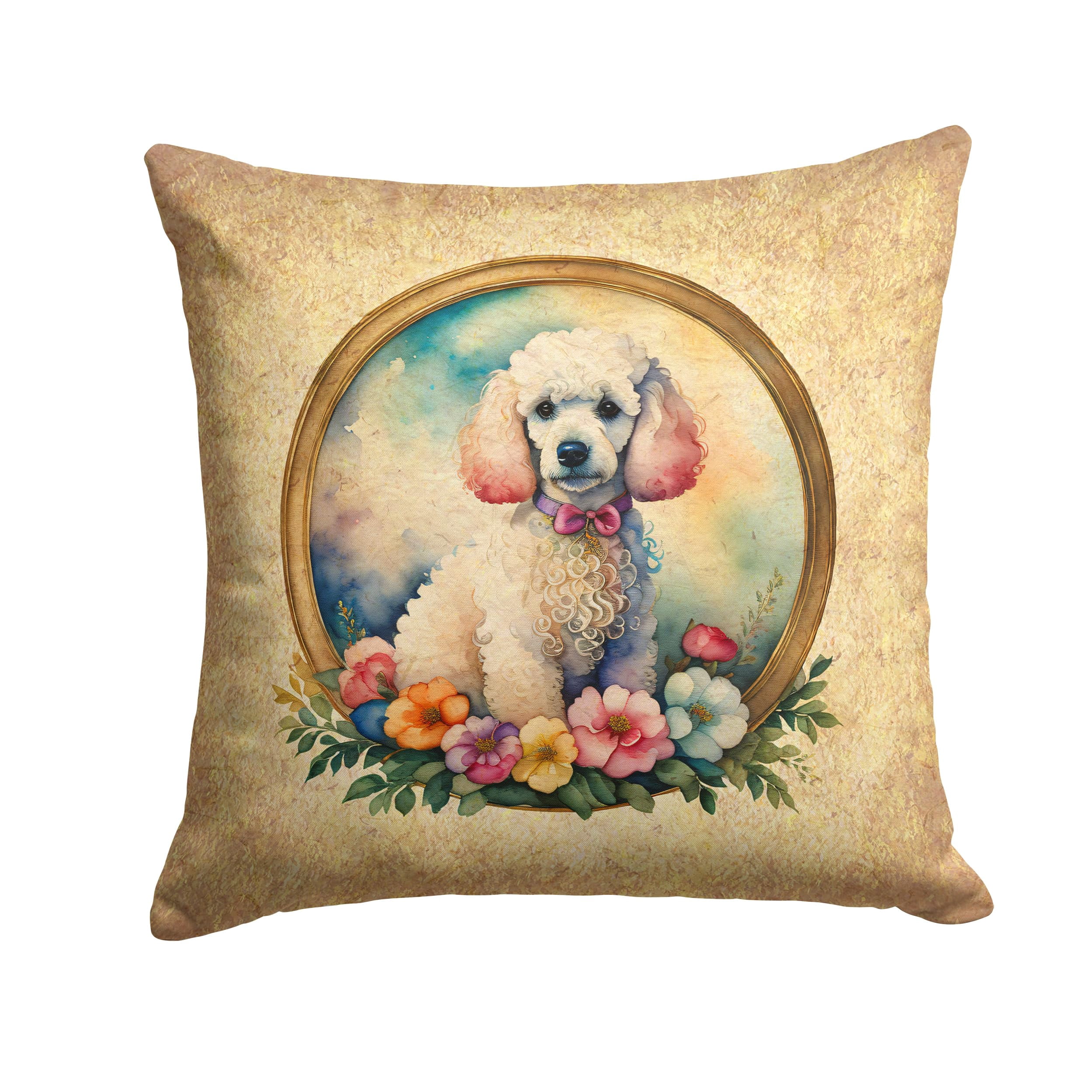 White Poodle and Flowers Fabric Decorative Pillow 14 in x 14 in ...