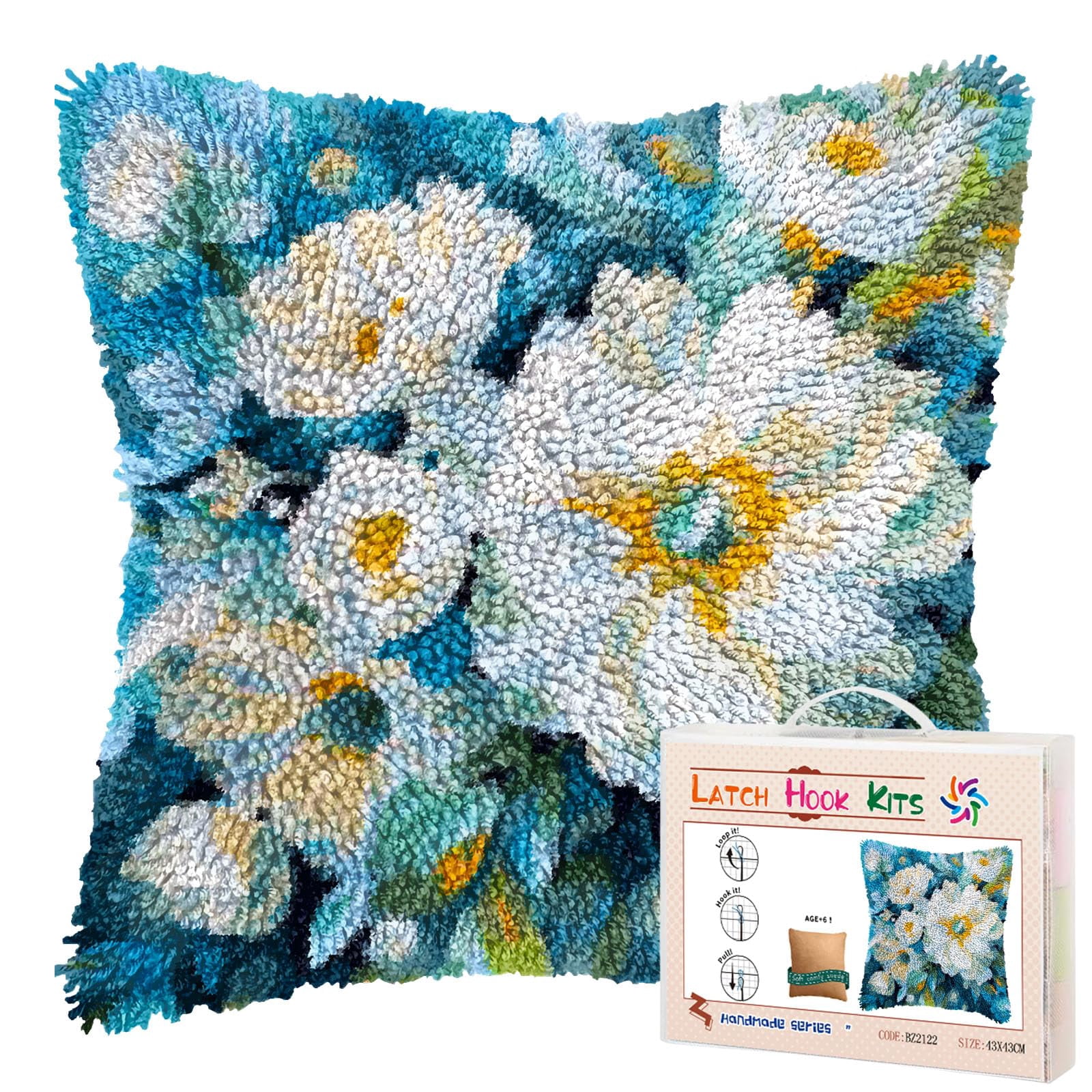 White Poppy Flowers DIY Latch Hook Pillow Kits for Adults Printed ...