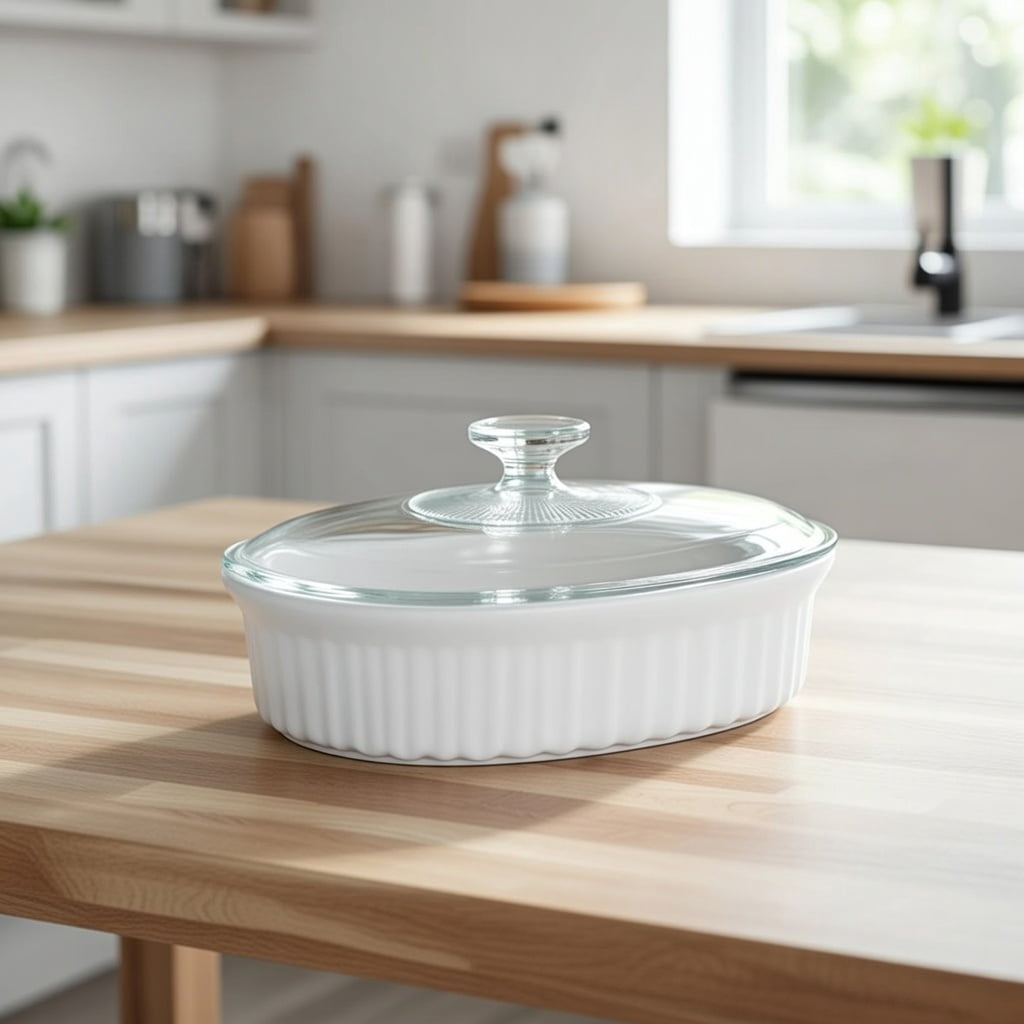 White Porcelain Oval Casserole Dish with Glass Lid, Ribbed Design, Oven ...