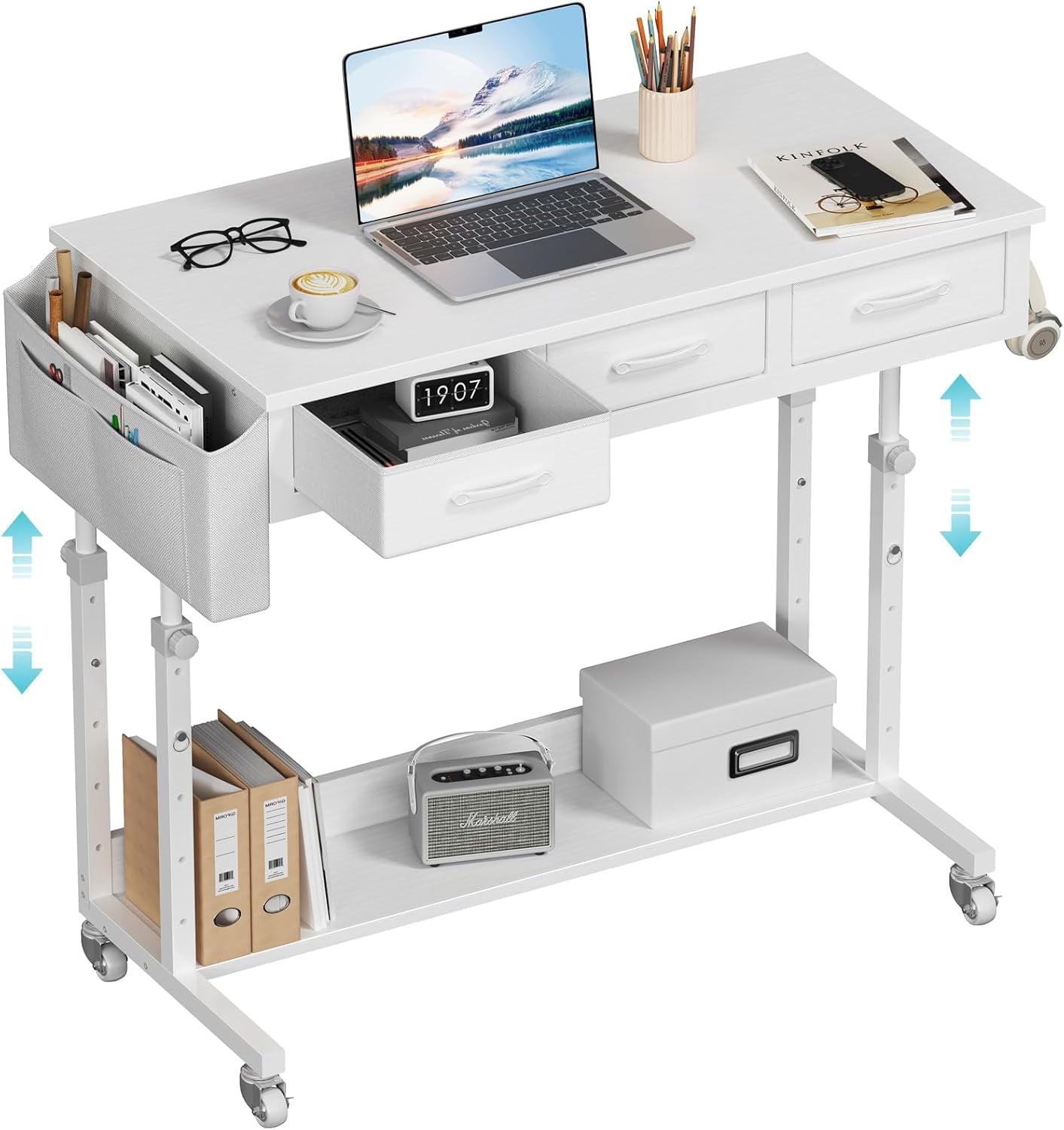 White Portable Rolling Computer Desk - 40 Inch Adjustable Mobile ...