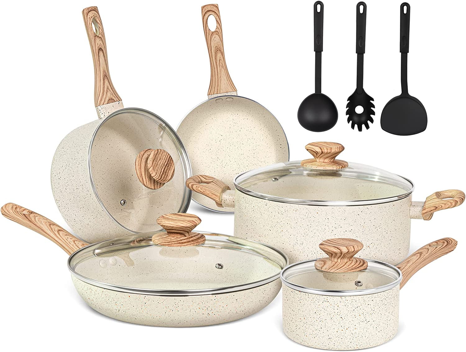 White Pots and Pans Set Nonstick Cookware Sets, 12pcs White Granite ...