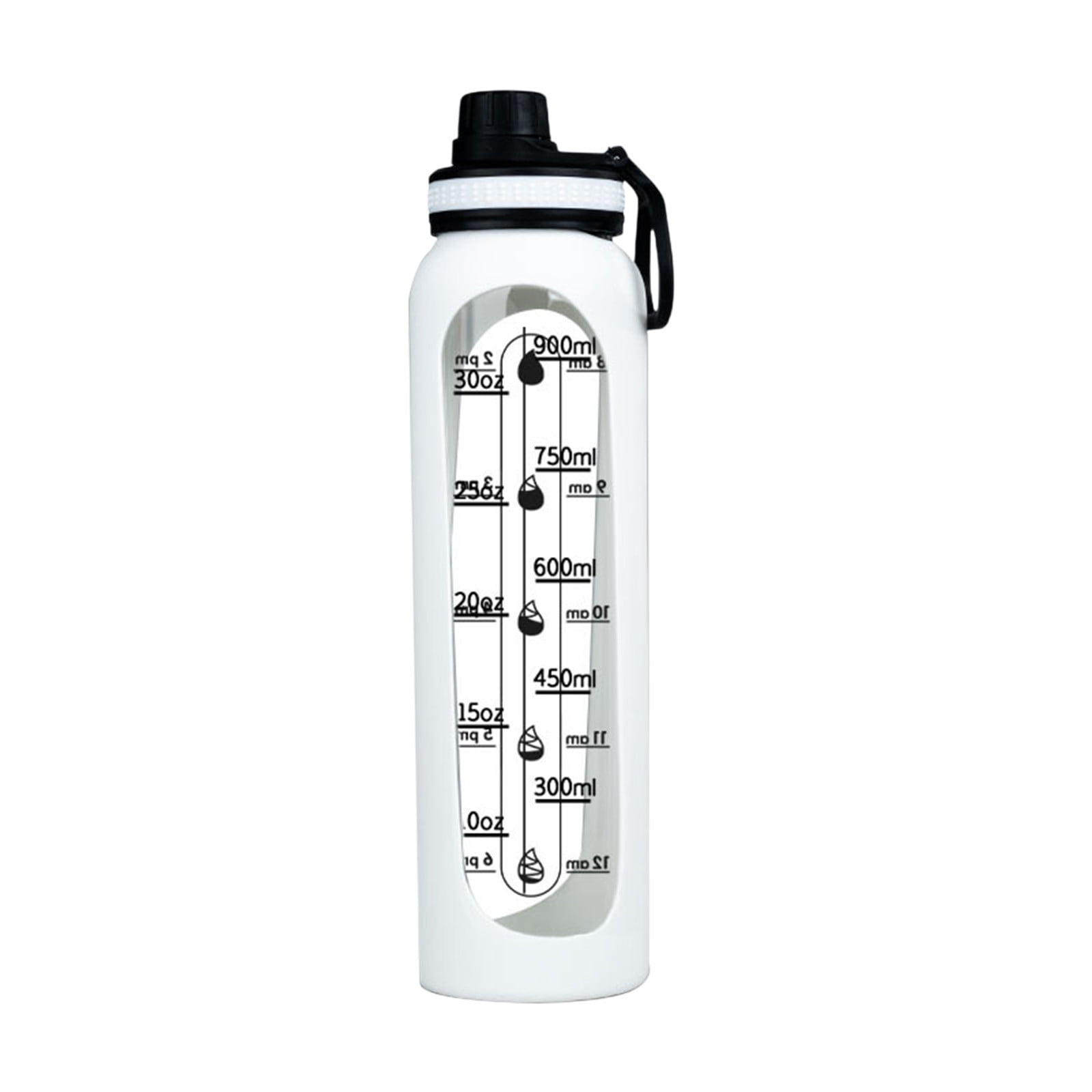 White Premium Glass Sports Water Bottle With Non-Slip Grip Visible Volume Markings Eco-Friendly ...
