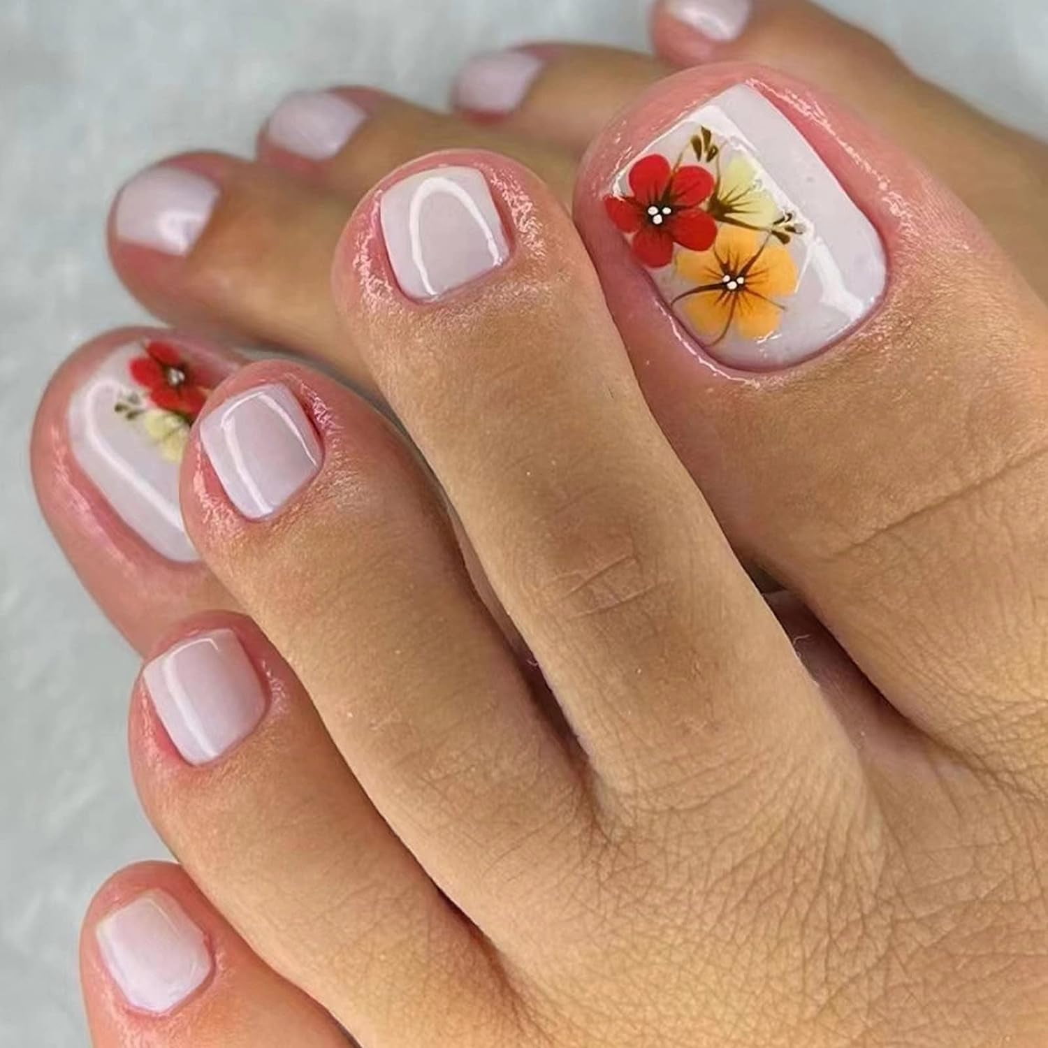 White Press on Toenails Spring Glossy Fake Toenails Colorful Flower ...
