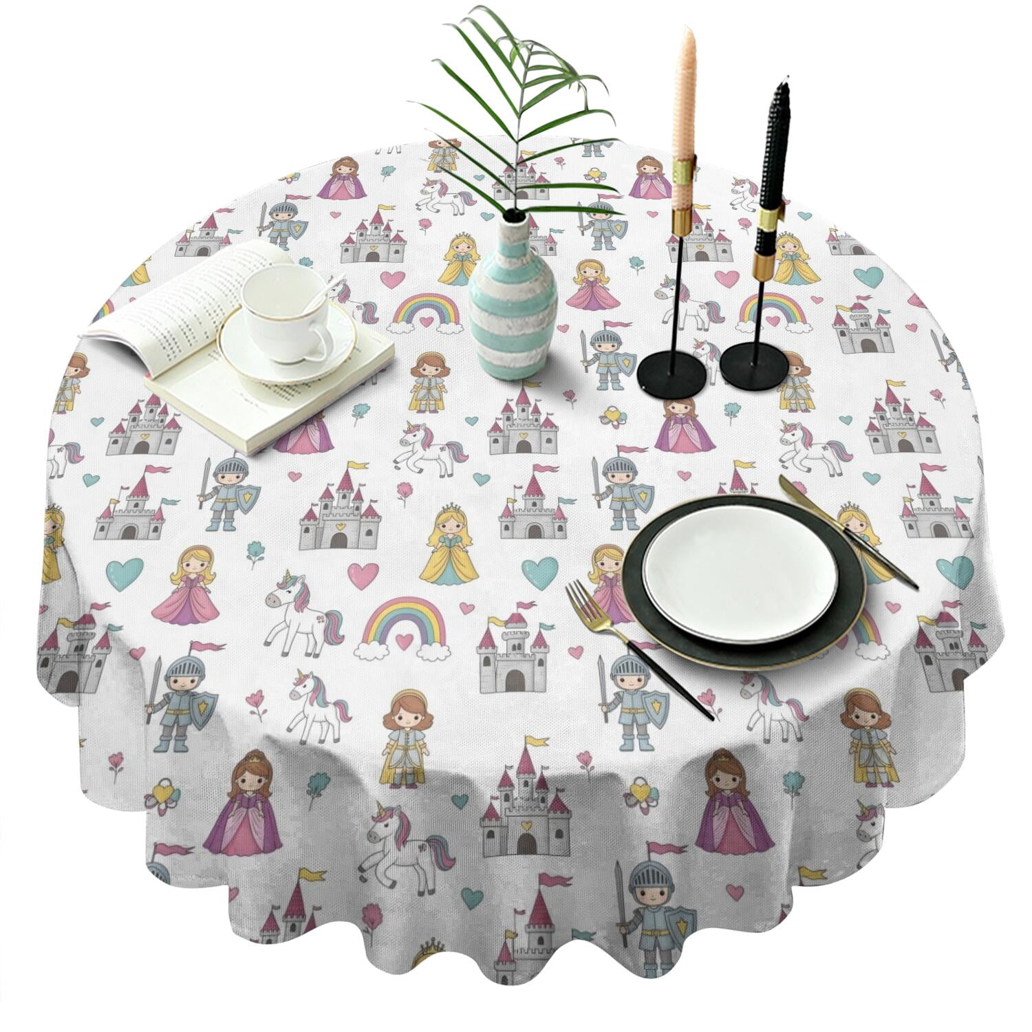 White Princess Knight Pattern Round Tablecloth 60"x60",Wrinkle Wipeable ...