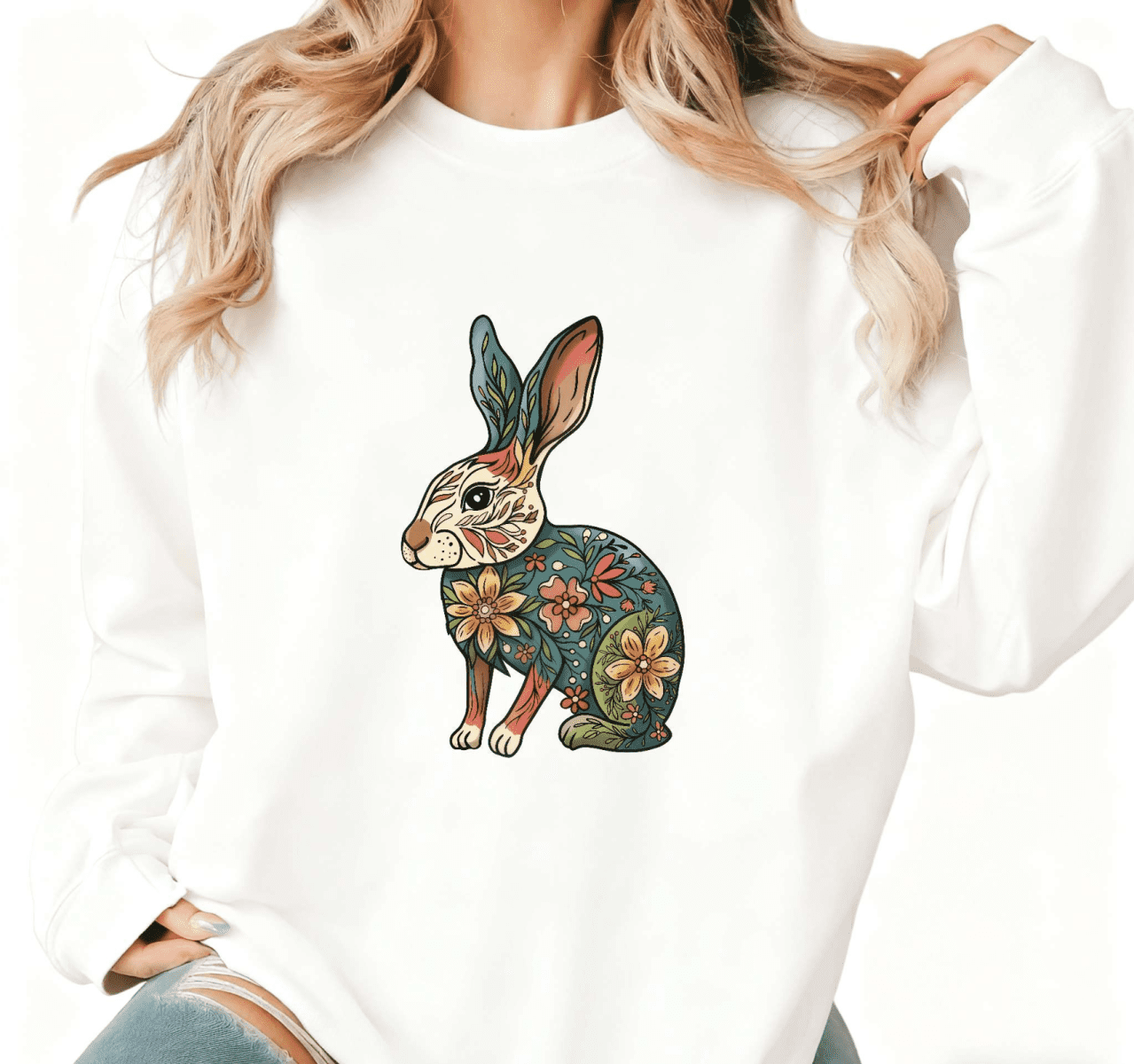 White Print Sweatshirt Graphic Floral Rabbit Style Botanical Animal ...