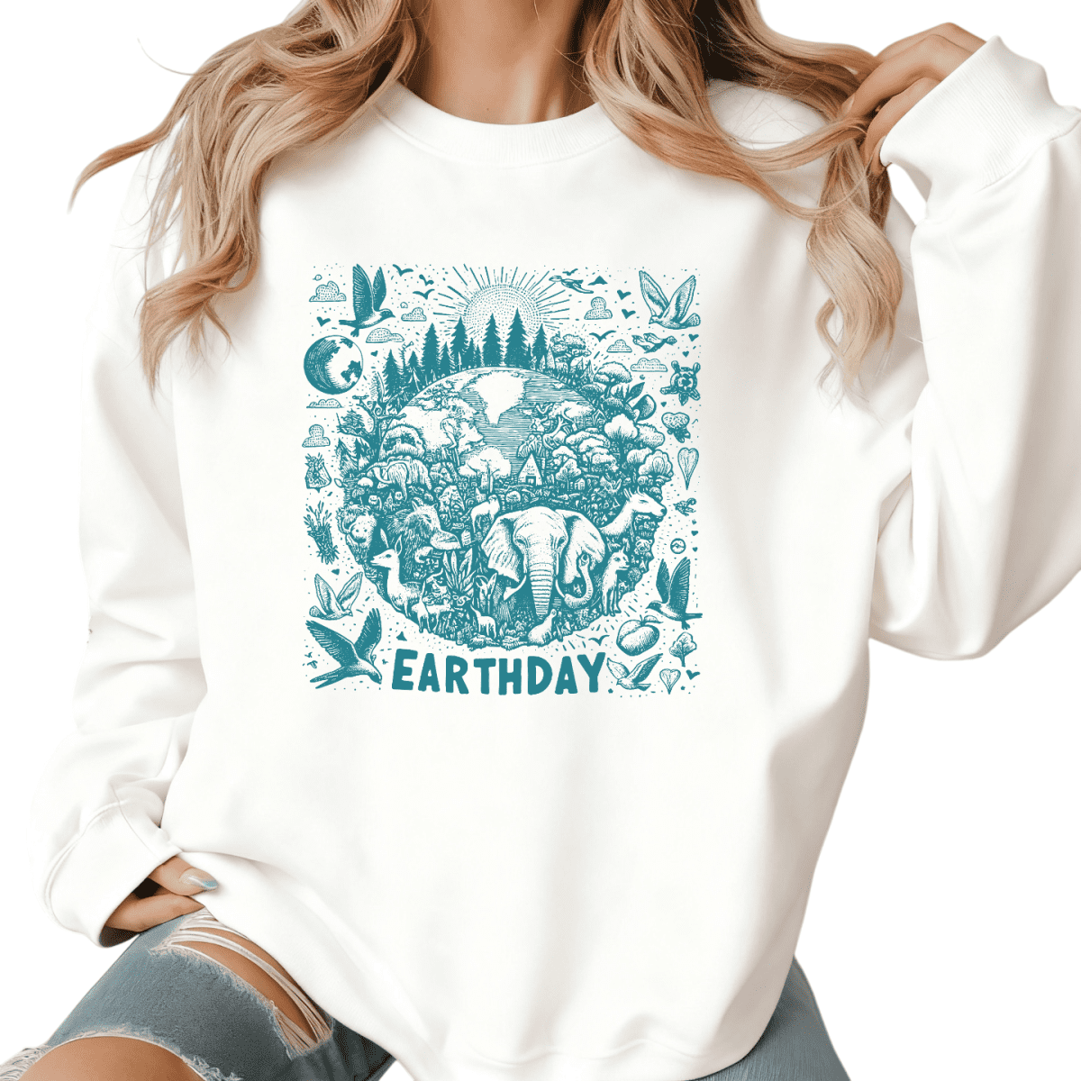 White Print Sweatshirt Graphic Sweatshirt Earth Day Wildlife Collage ...