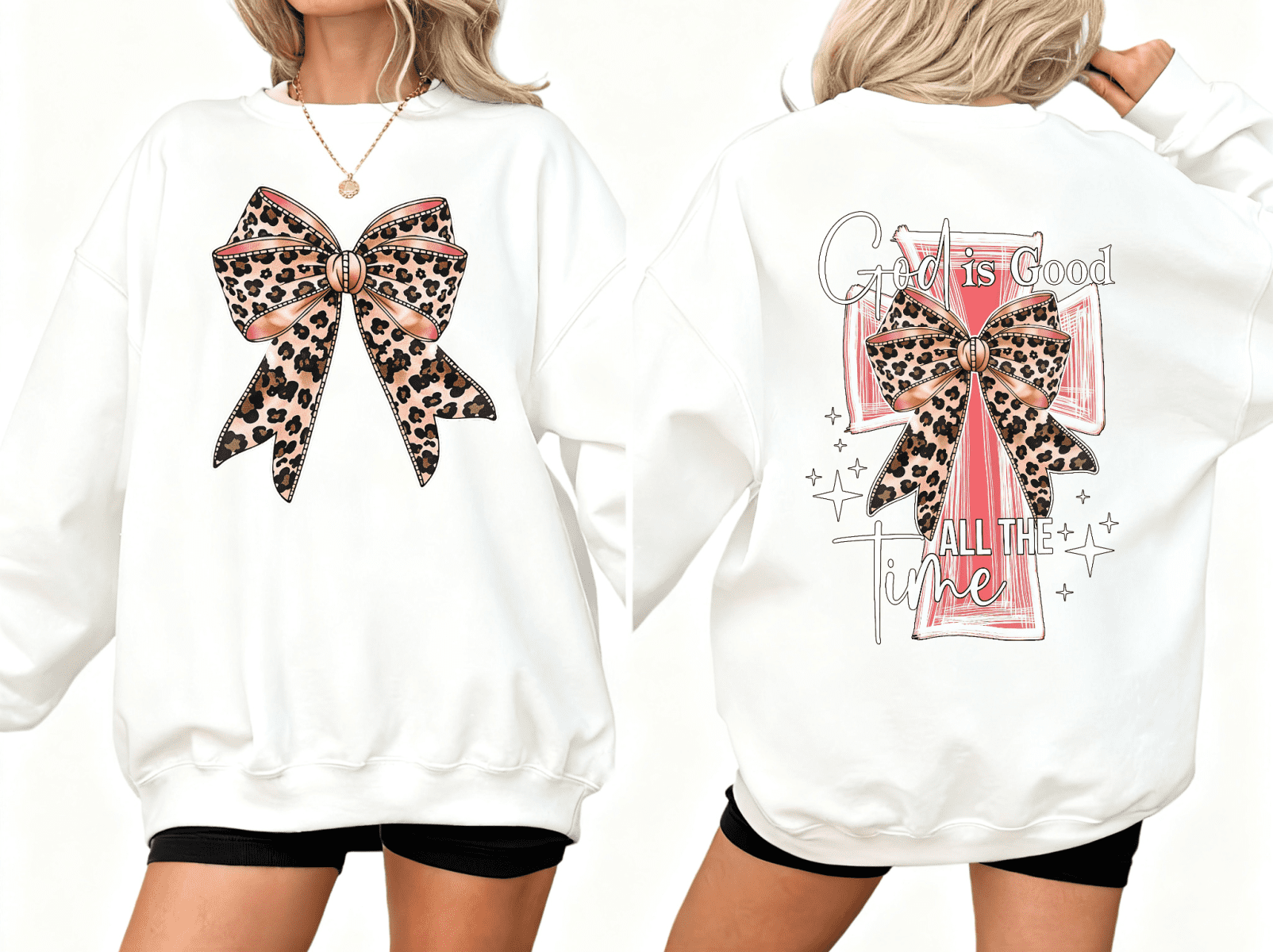 White Print Sweatshirt Graphic Sweatshirt Pink Leopard Bow Pink Cross ...