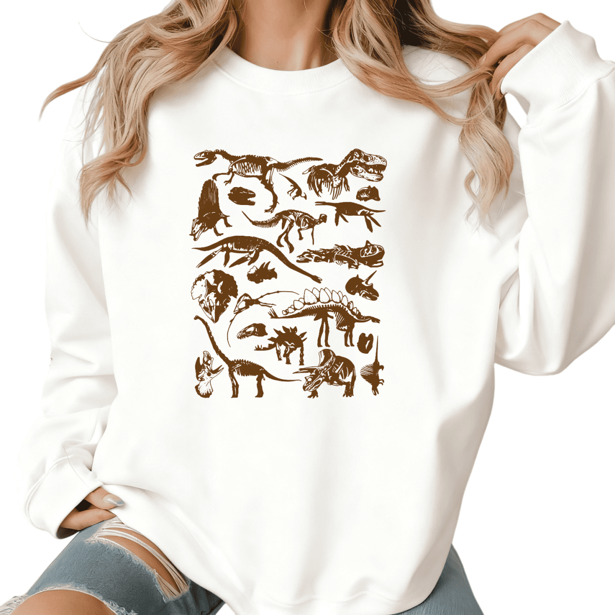 White Print Sweatshirt Graphic Sweatshirt Shirts Dinosaur Fossil ...